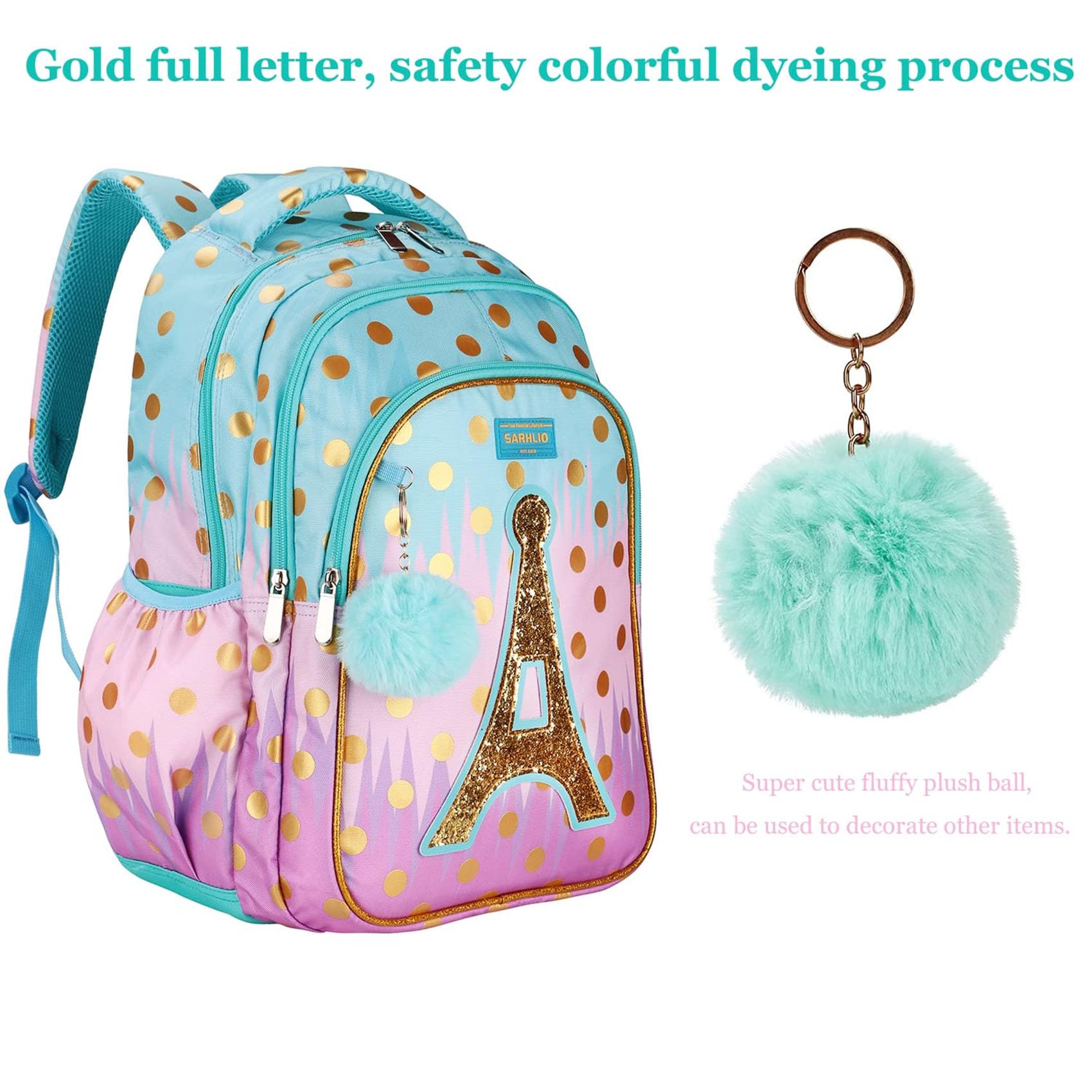 SARHLIO Kids Backpack 16" for Girls with Pencil Case Ball Pendant Cute Bookbag Lightweight Durable Water Resistant School Backpack Set for Elementary School Outdoor Travel Sequin Tower(BPK36C)