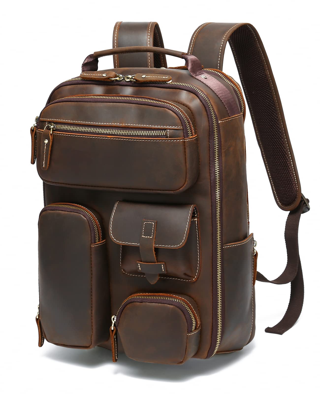 Taertii Full Grain Leather Backpack for Men, Fits 15.6" Laptop Multi Pockets Travel Bag Daypack Rucksack - Brown