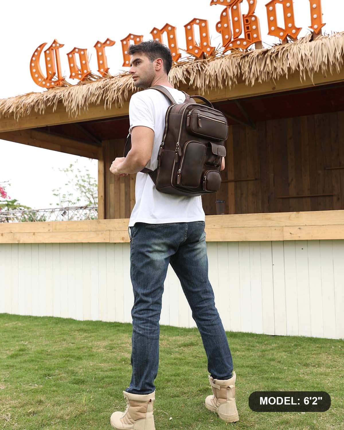 Taertii Full Grain Leather Backpack for Men, Fits 15.6" Laptop Multi Pockets Travel Bag Daypack Rucksack - Brown