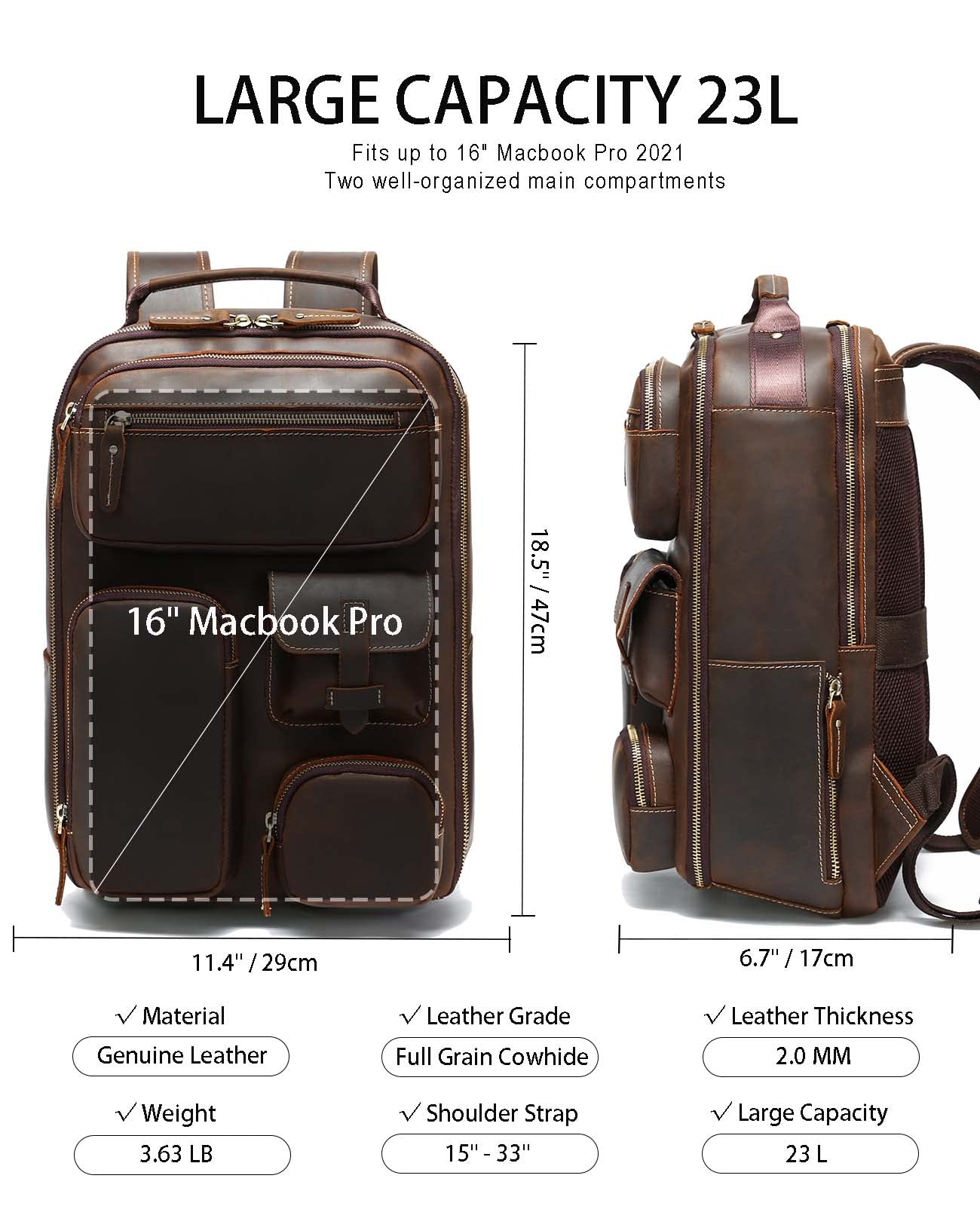 Taertii Full Grain Leather Backpack for Men, Fits 15.6" Laptop Multi Pockets Travel Bag Daypack Rucksack - Brown