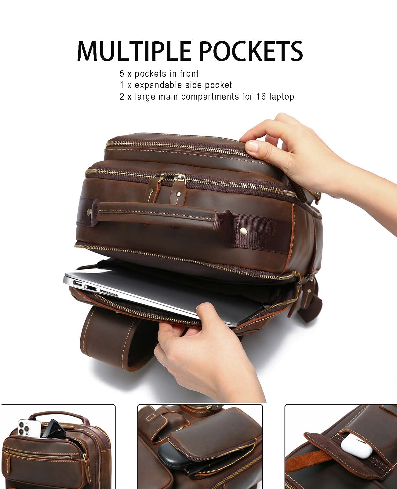 Taertii Full Grain Leather Backpack for Men, Fits 15.6" Laptop Multi Pockets Travel Bag Daypack Rucksack - Brown