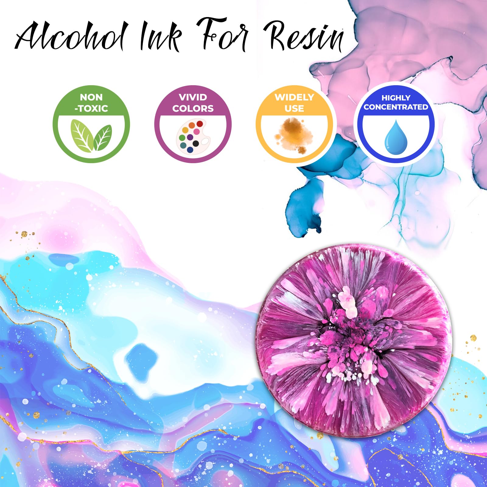 Alcohol Ink Set - 24 Vivid Colors, Concentrated Alcohol-Based Ink, Epoxy Resin Paint with Metallic Color Dye for Resin Coasters, Acrylic Painting, Tumbler Making,10ml Each
