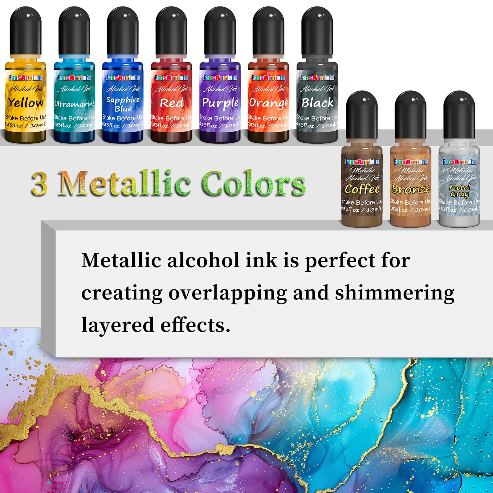 Alcohol Ink Set - 24 Vivid Colors, Concentrated Alcohol-Based Ink, Epoxy Resin Paint with Metallic Color Dye for Resin Coasters, Acrylic Painting, Tumbler Making,10ml Each