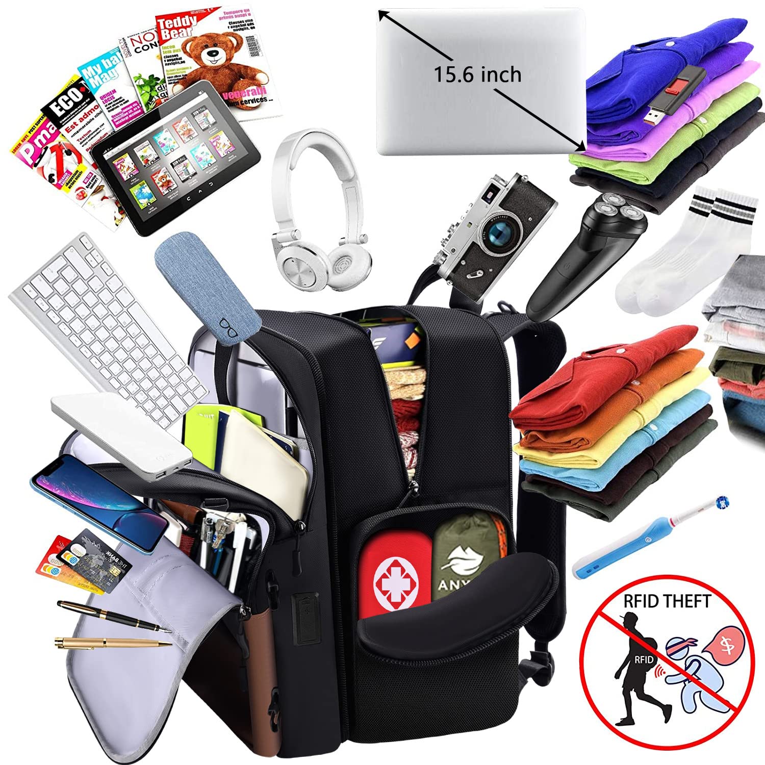 ZINZ Slim Expandable Travel Laptop Backpack 15.6 Inch with Patented Shoulder Pockets and USB, Versatile Anti-Theft Business Backpack Daypack with Ultra Capacity for Work/School/Hiking/Camping,Black