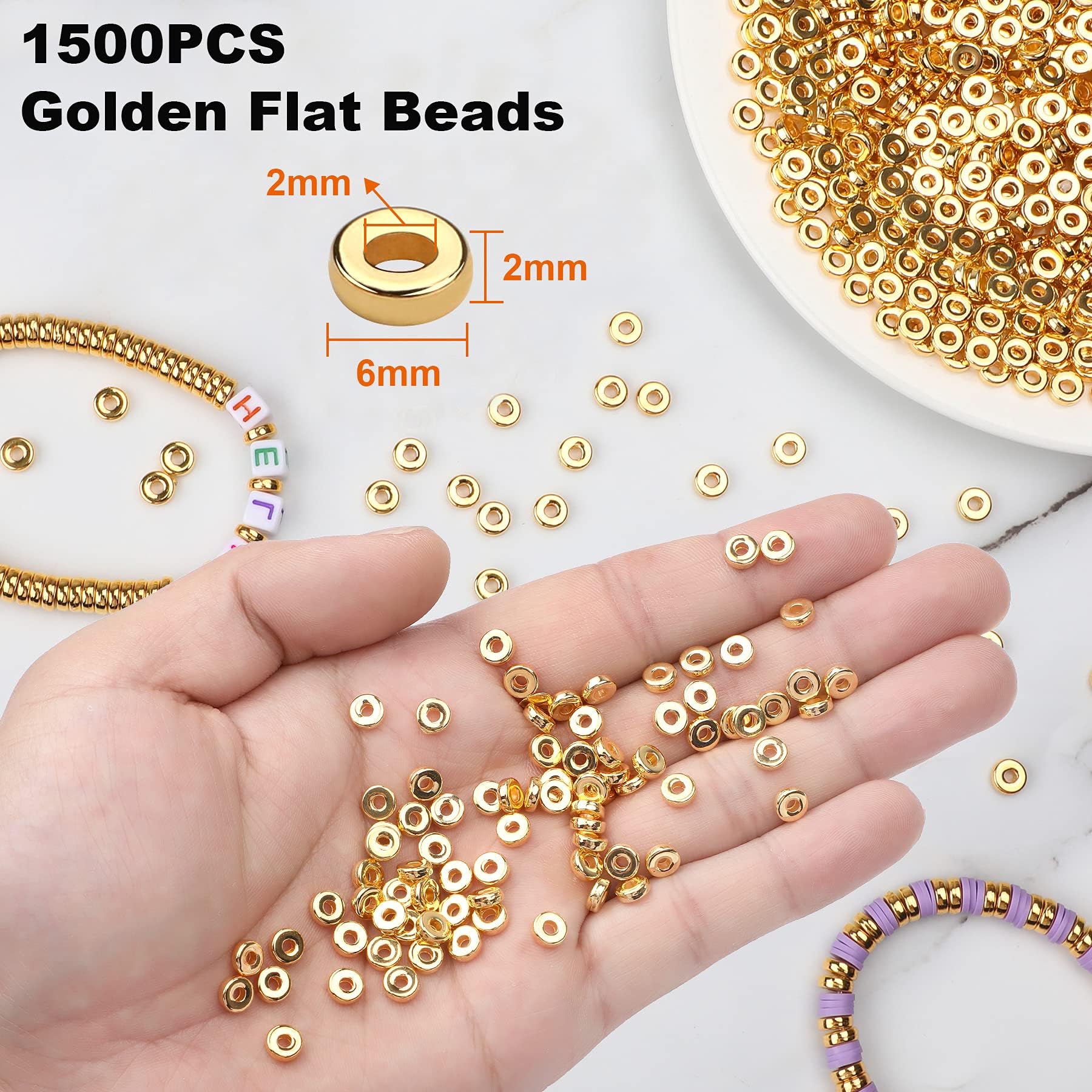 1500pcs 6mm Gold Flat Round Spacer Beads Disc Loose Jewelry Making Beads for DIY Bracelet Necklace Earring Craft Supplies