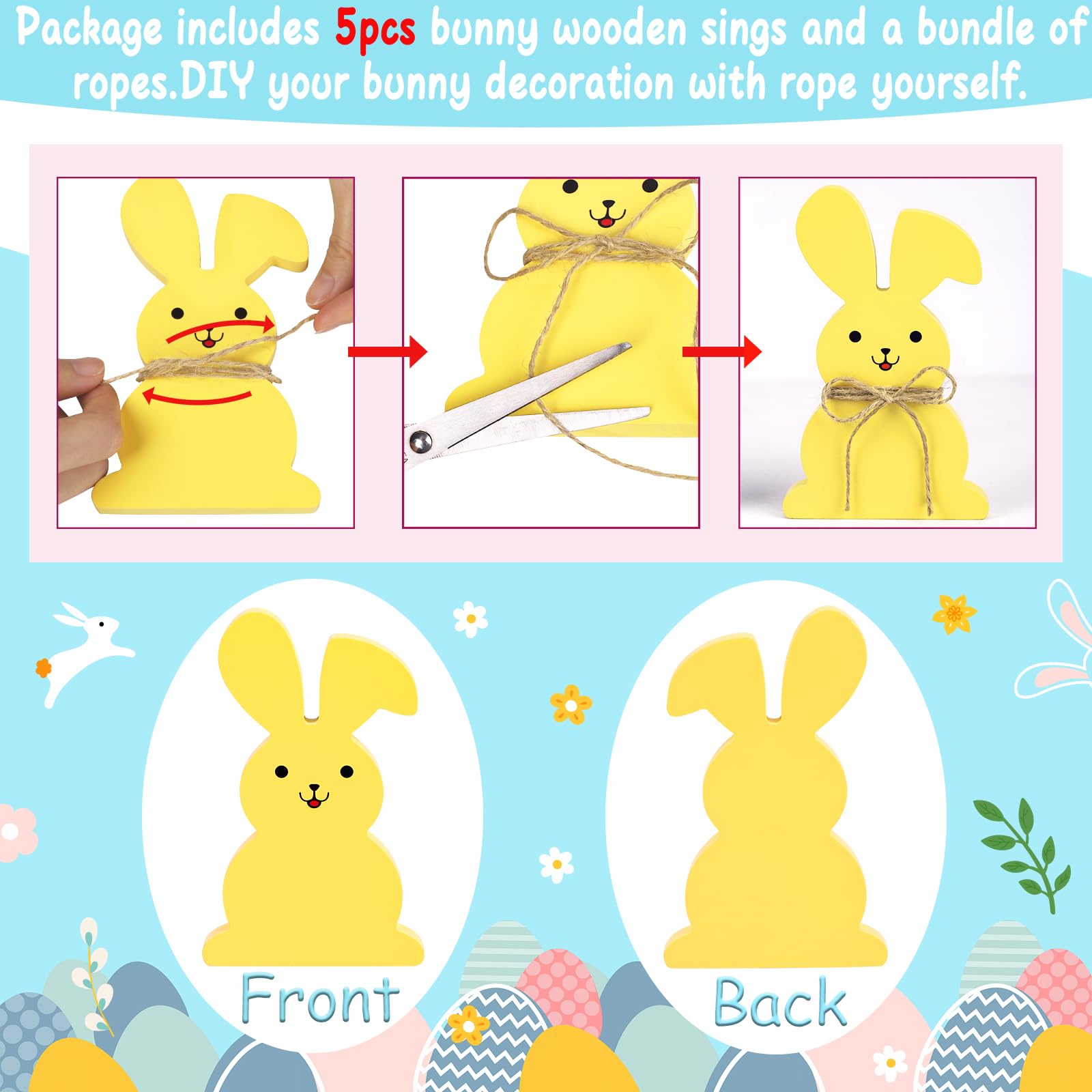 Inwnpio Easter Decorations for the Home - Easter Bunny Wooden Sign Table Decoration Centerpieces with Rope Tabletop Spring Decor 3PCS