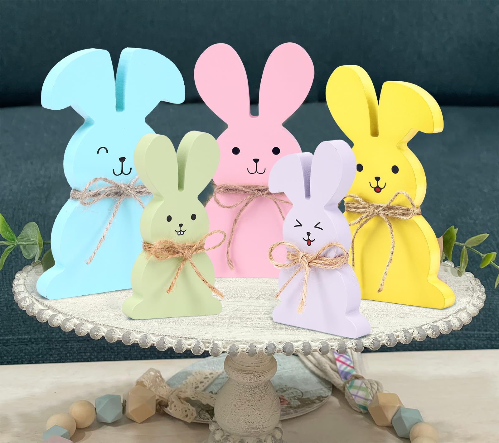 Inwnpio Easter Decorations for the Home - Easter Bunny Wooden Sign Table Decoration Centerpieces with Rope Tabletop Spring Decor 3PCS