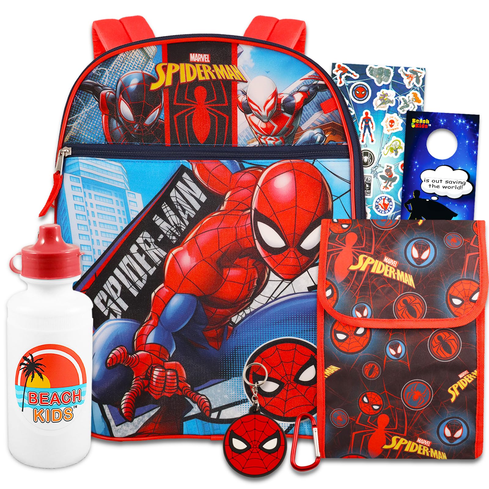 Marvel Spiderman Backpack with Lunch Box - Bundle with Spiderman Backpack for Boys 4-6, Spiderman Lunch Box, Water Pouch, Stickers (Spiderman Backpack for Kids)