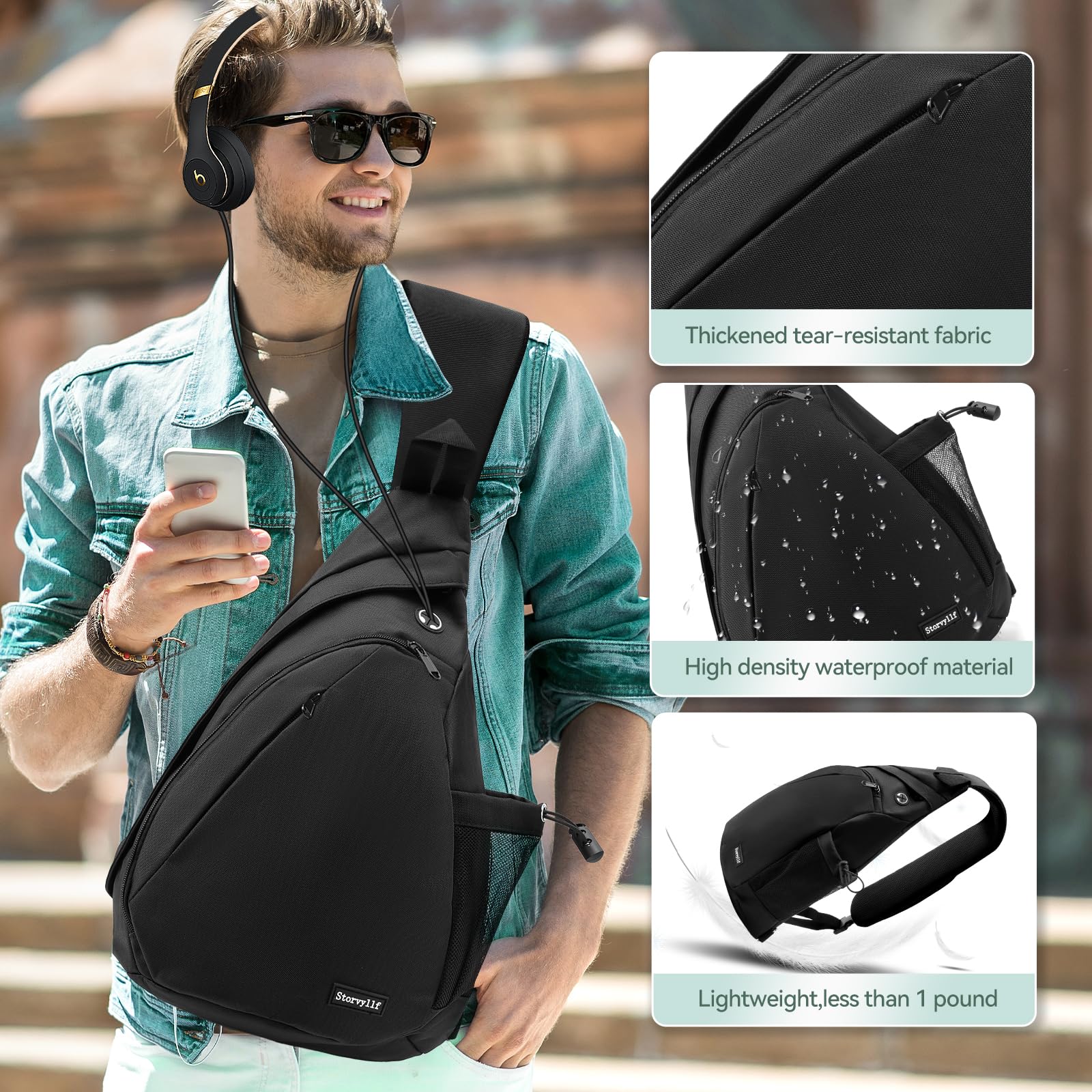 Storvyllf Single Strap Backpack for Men,Travel Mens Sling Bag Black Waterproof Crossbody Bag Women Boy Chest Shoulder Hiking Daypacks