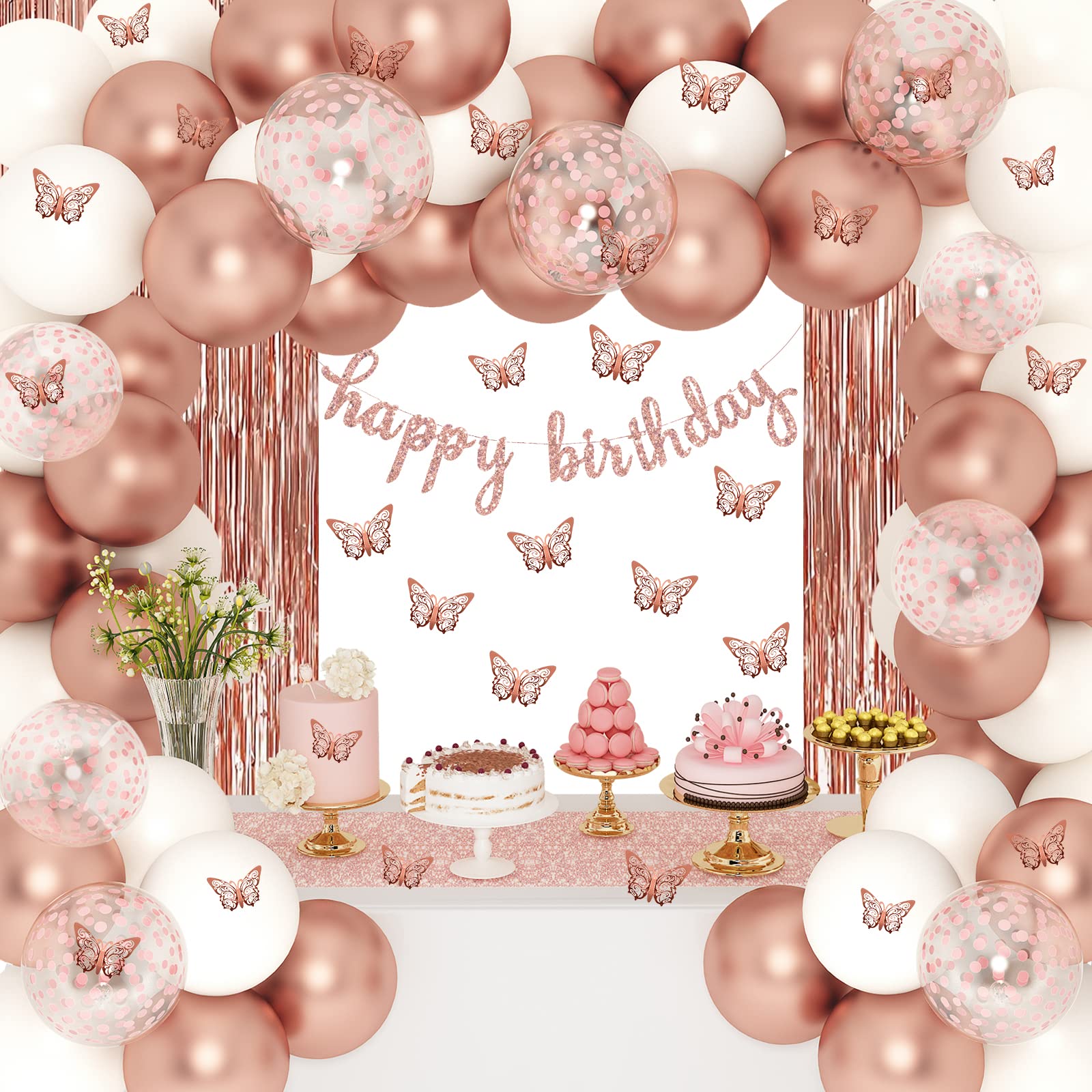 Rose Gold Birthday Party Decorations, Happy Birthday Banner, Rose Gold Fringe Curtain, Rose Gold Sequin Table Runner, 3D Butterfly Wall Decal, Rose Gold Balloons for Women Girls Birthday Party