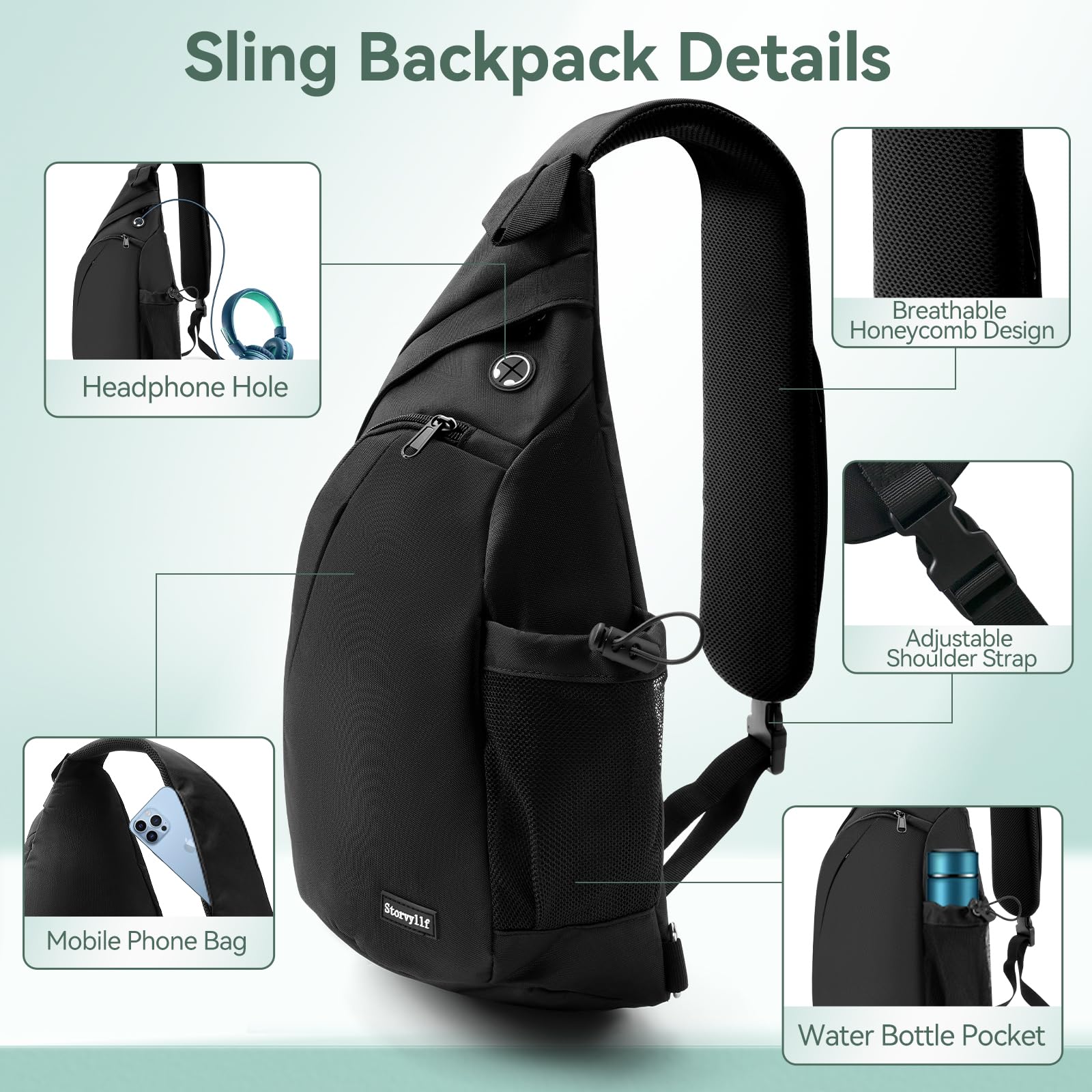 Storvyllf Single Strap Backpack for Men,Travel Mens Sling Bag Black Waterproof Crossbody Bag Women Boy Chest Shoulder Hiking Daypacks