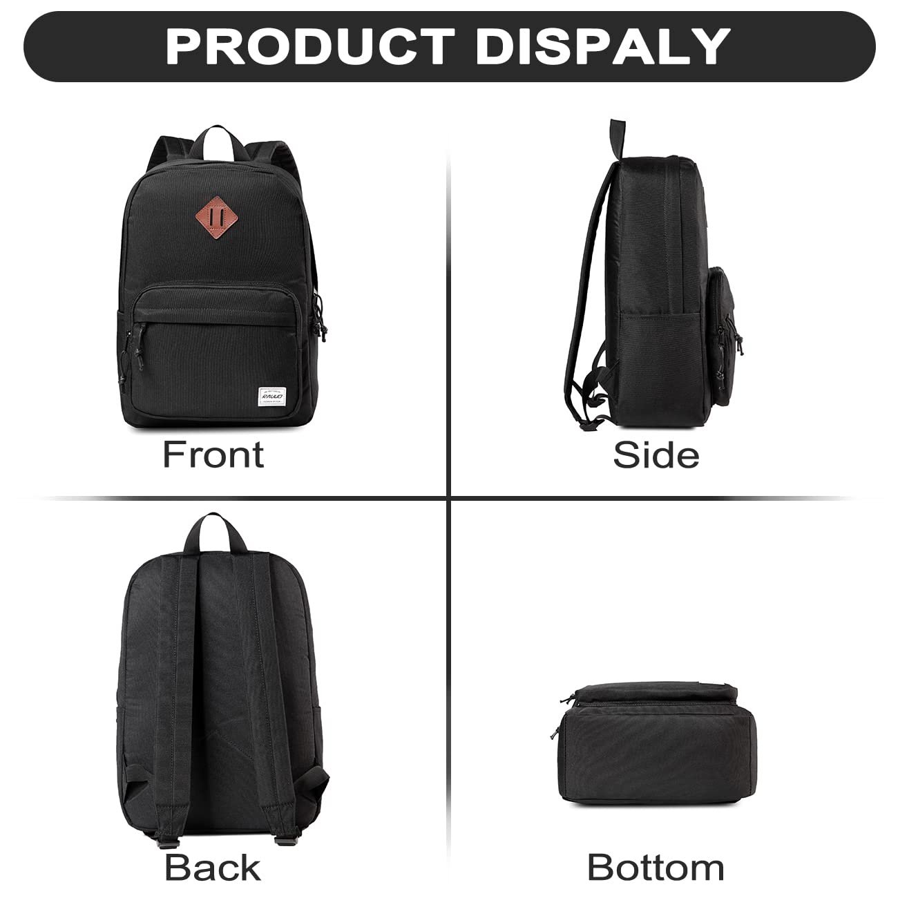 RAVUO School Backpack for Men Women, Ultra Lightweight Basic Bookbags Casual Daypack Black Backpack for Kids Teen Girls Boys