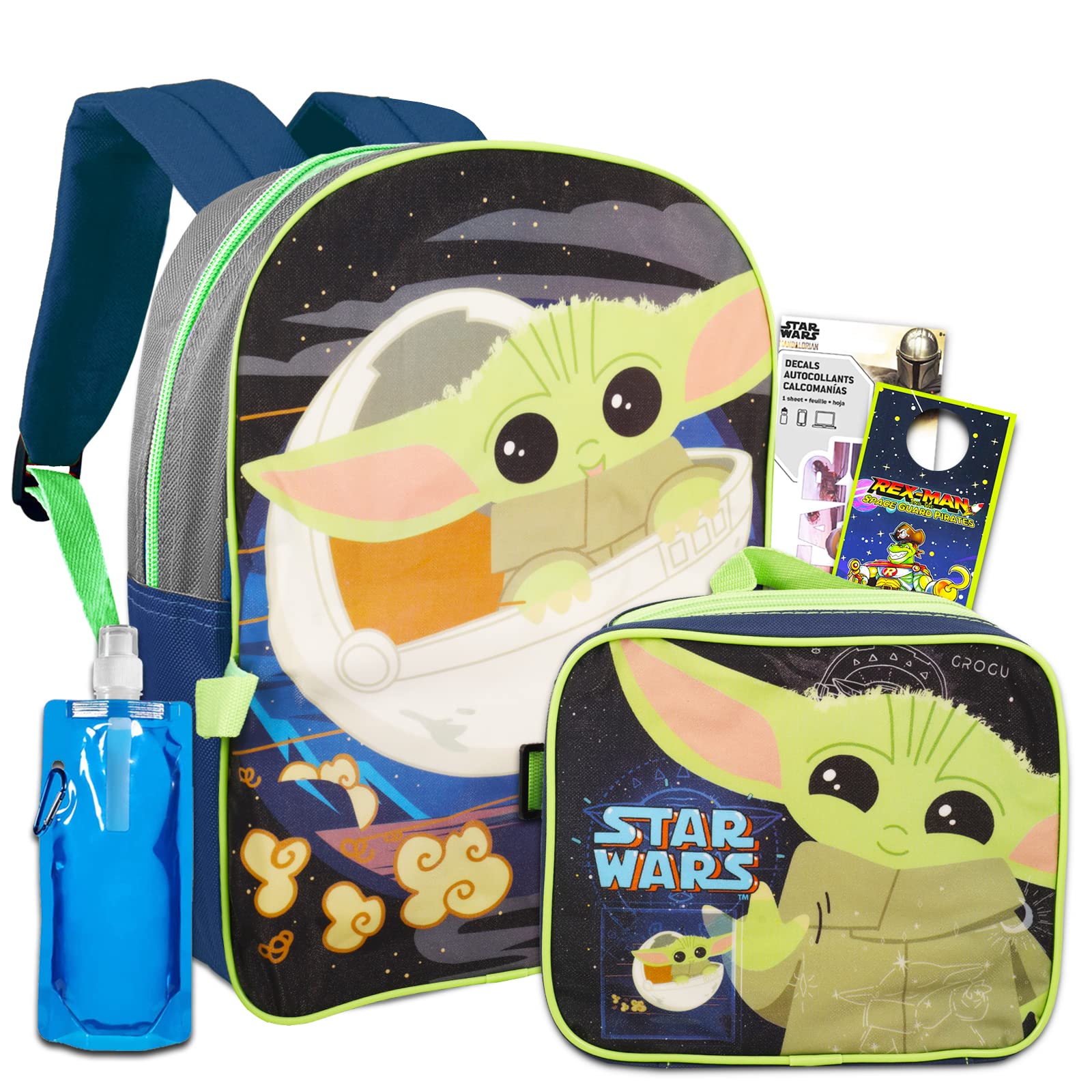 Baby Yoda Backpack and Lunch Box Set - Mandalorian School Supplies Bundle with Insulated Bag Plus Star Wars Decals, Water Bottle, More (Mandalorian for Boys),
