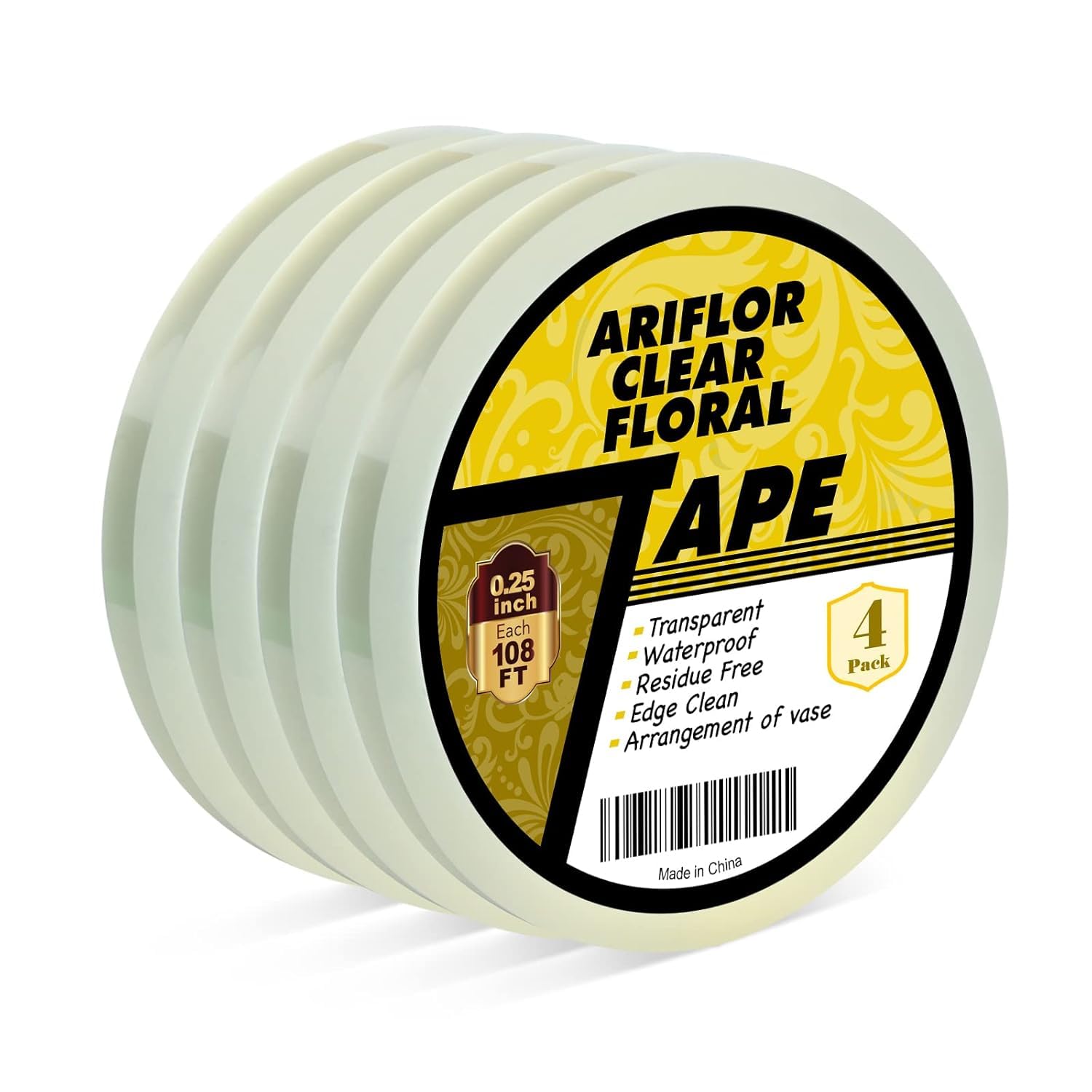 ARIFLOR 4Packs Clear Floral Tape - 1/4 inches Wide Floral Vase Tape, Clear Waterproof Floral Tape for Fresh Flower Bouquets and Flower Arrangements Crafts (0.25inch*4Packs), 0.25inch*4Pack