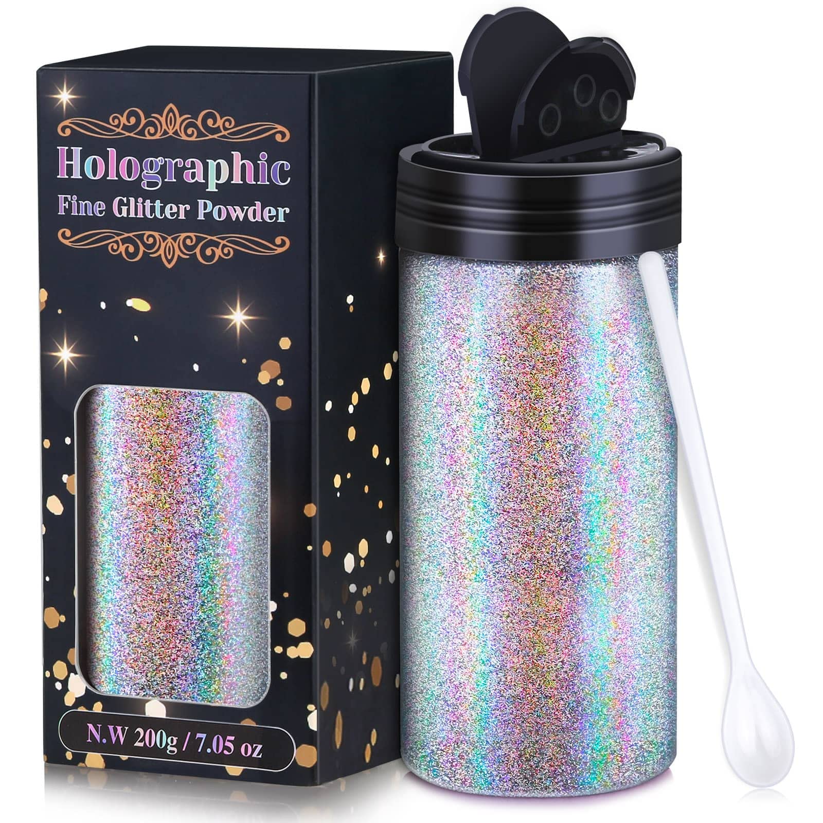 Fine Holographic Glitter Iridescent Silver Glitter Powder, Multipurpose Laser Silver Fine Glitter Bulk Makeup Glitter Metallic Resin Glitter for Tumblers Slime Craft Nail Body Face Hair (7.05oz,200g)