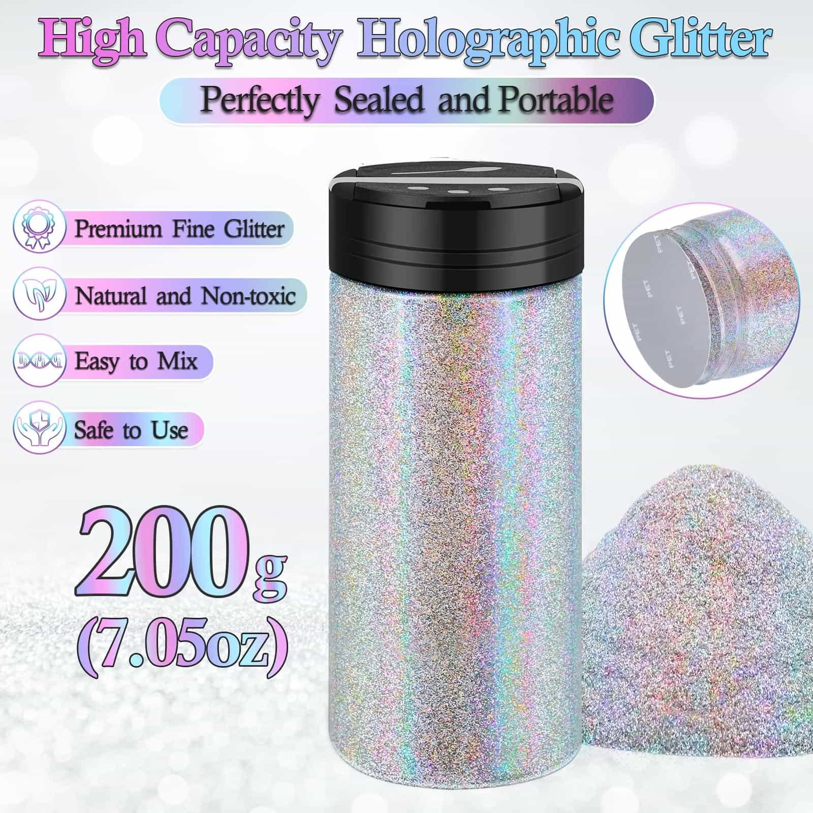 Fine Holographic Glitter Iridescent Silver Glitter Powder, Multipurpose Laser Silver Fine Glitter Bulk Makeup Glitter Metallic Resin Glitter for Tumblers Slime Craft Nail Body Face Hair (7.05oz,200g)