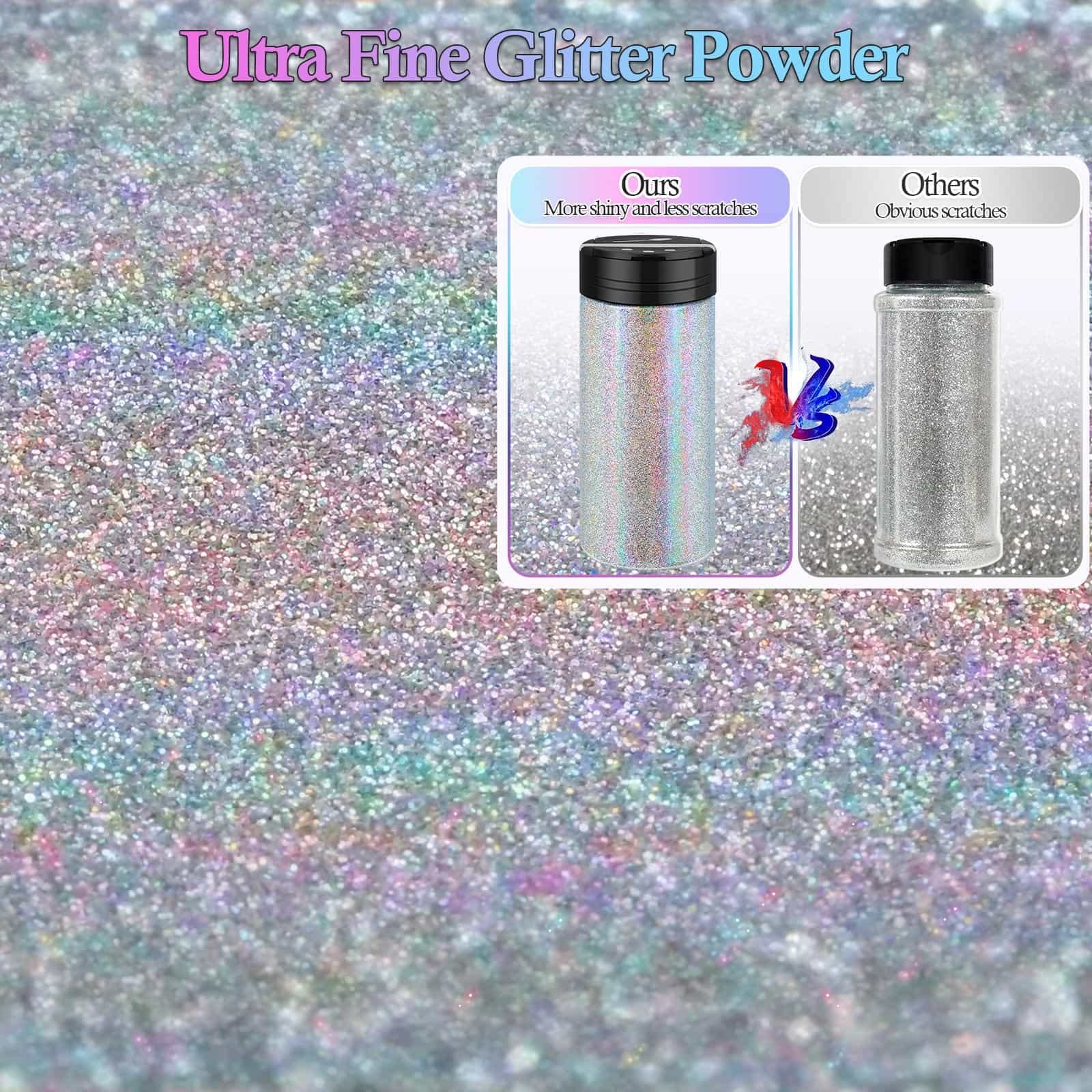 Fine Holographic Glitter Iridescent Silver Glitter Powder, Multipurpose Laser Silver Fine Glitter Bulk Makeup Glitter Metallic Resin Glitter for Tumblers Slime Craft Nail Body Face Hair (7.05oz,200g)