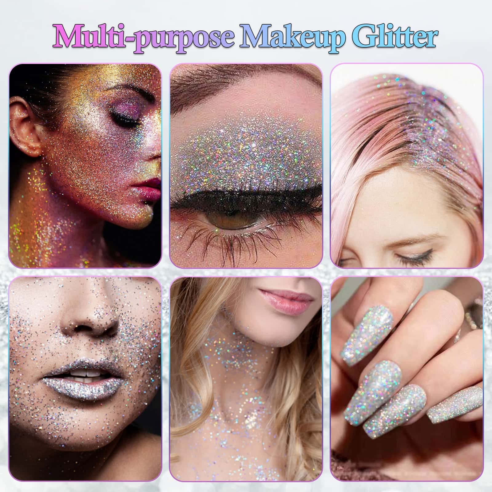 Fine Holographic Glitter Iridescent Silver Glitter Powder, Multipurpose Laser Silver Fine Glitter Bulk Makeup Glitter Metallic Resin Glitter for Tumblers Slime Craft Nail Body Face Hair (7.05oz,200g)