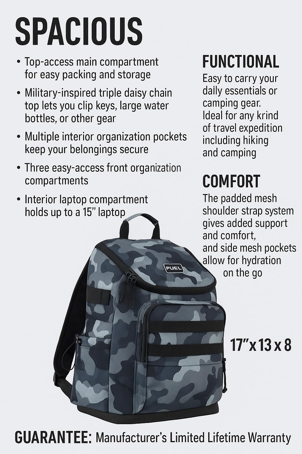 FUEL Multi-Pocket Cargo Backpack with High Capacity Top-Loader Entry, Black/Midnight Blue/Camo