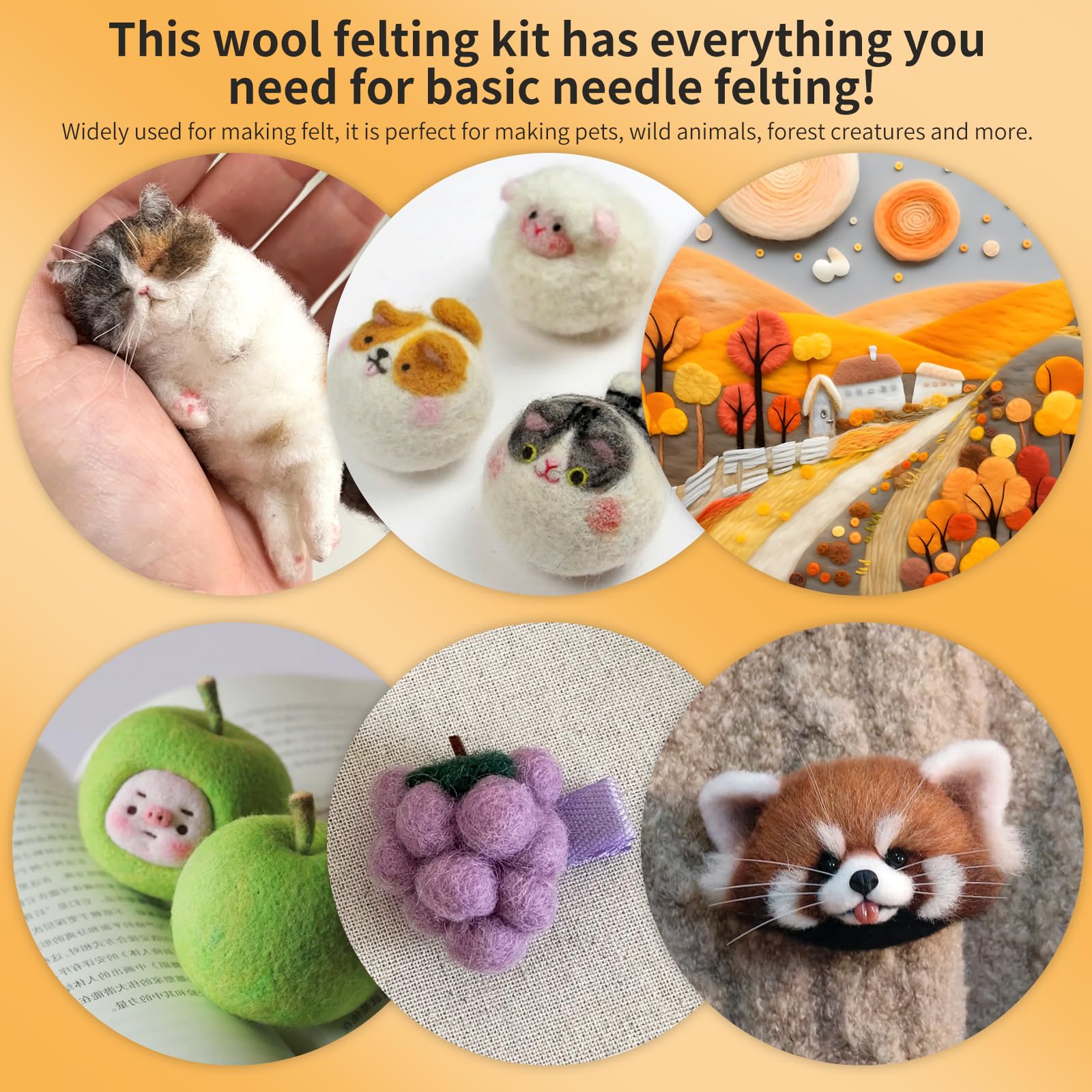 JUPEAN Needle Felting Kit, Wool Roving (5g/Color), Complete Needle Felting Starter Kit with Basic Felt Tools and Supplies Wool Fibre Spinning Craft Wet Felting Material for Beginners
