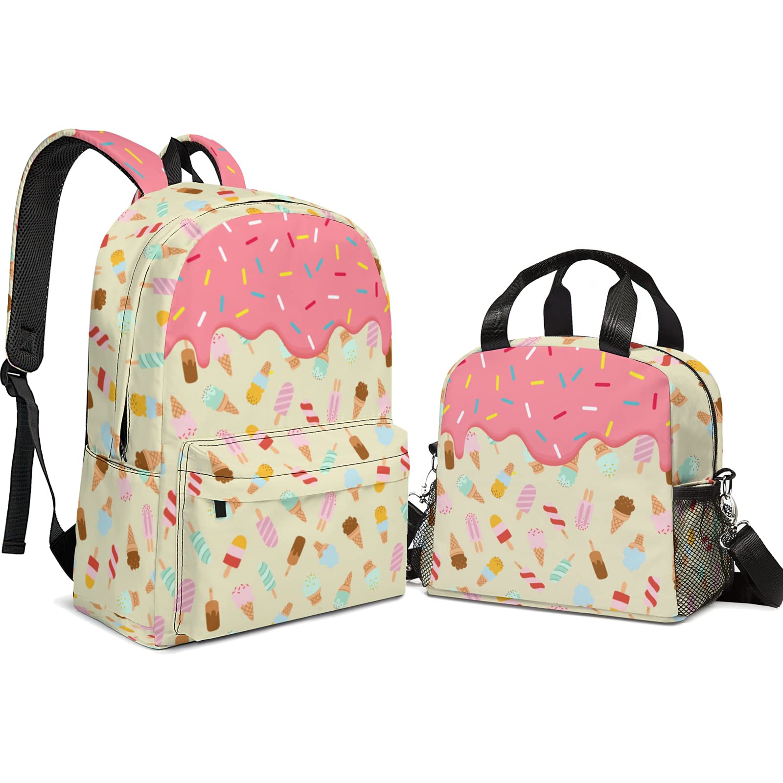 Ice Cream Backpack Set Girls Boys Lightweight Bookbag with Insulated Lunch Bag for Travel Camping Outdoor Sport