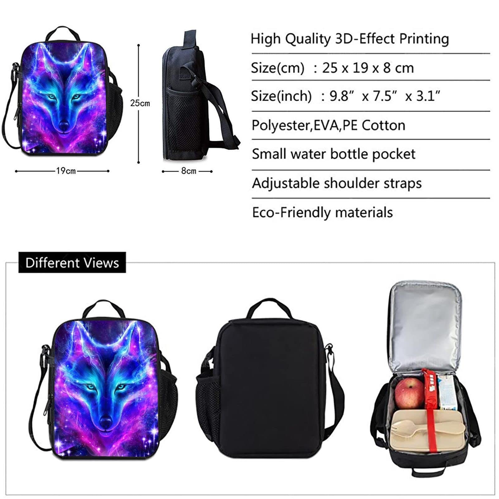 Galaxy Wolf School Backpack Set 3 Pieces Lightweight Teen/Boys/Girls Bookbags Insulated Lunch Bag Pencil Case