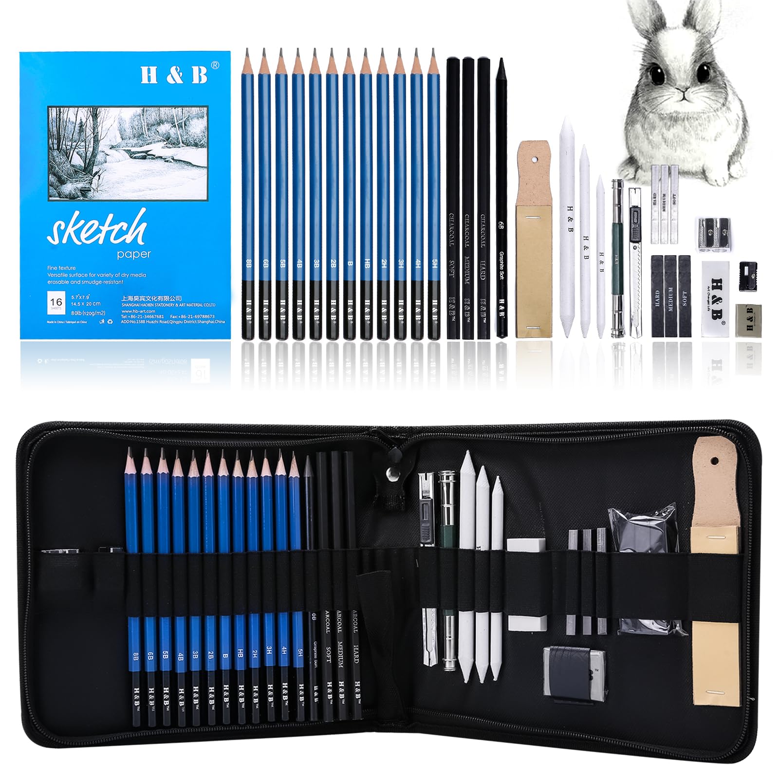 H & B Drawing Pencils Set, 33 Pieces Sketch Pencils & Drawing Kit, Complete Artist Kit Includes Sketch Pad, Graphite Pencils, Charcoal Sticks and Eraser, Art Supplies for Artists Beginner Adults Teens