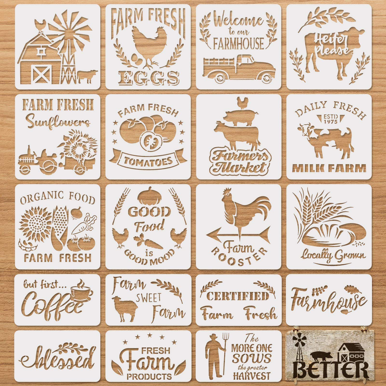 20 Pieces Farmhouse Stencils Reusable Farm Painting Stencils Farm Theme Drawing Art Template for Scrapbooking Drawing Tracing DIY Furniture Wall Floor Fabric Decors, 2 Sizes and 20 Patterns