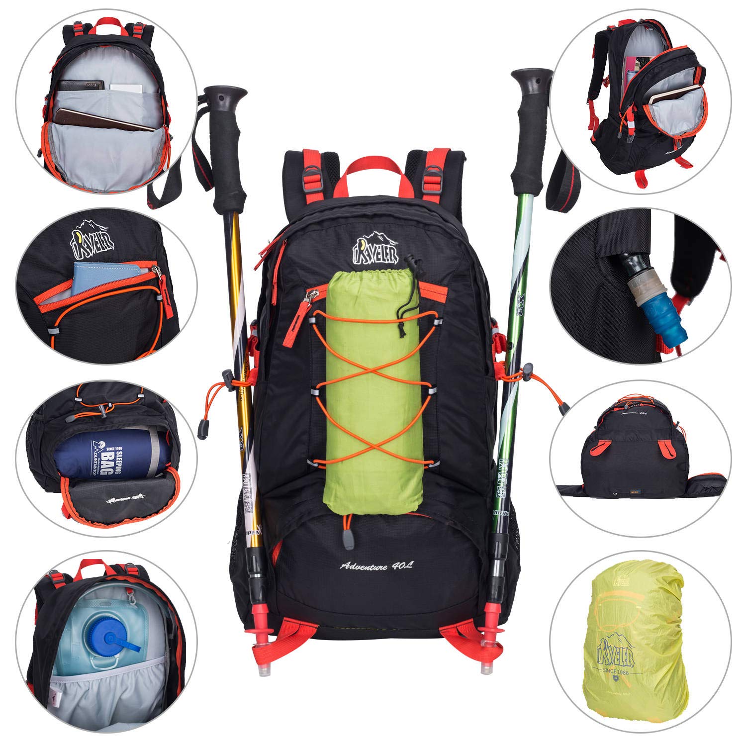 Aveler 40L Versatile Lightweight Nylon High Performance Hiking Backpack With Integrated Rain Cover