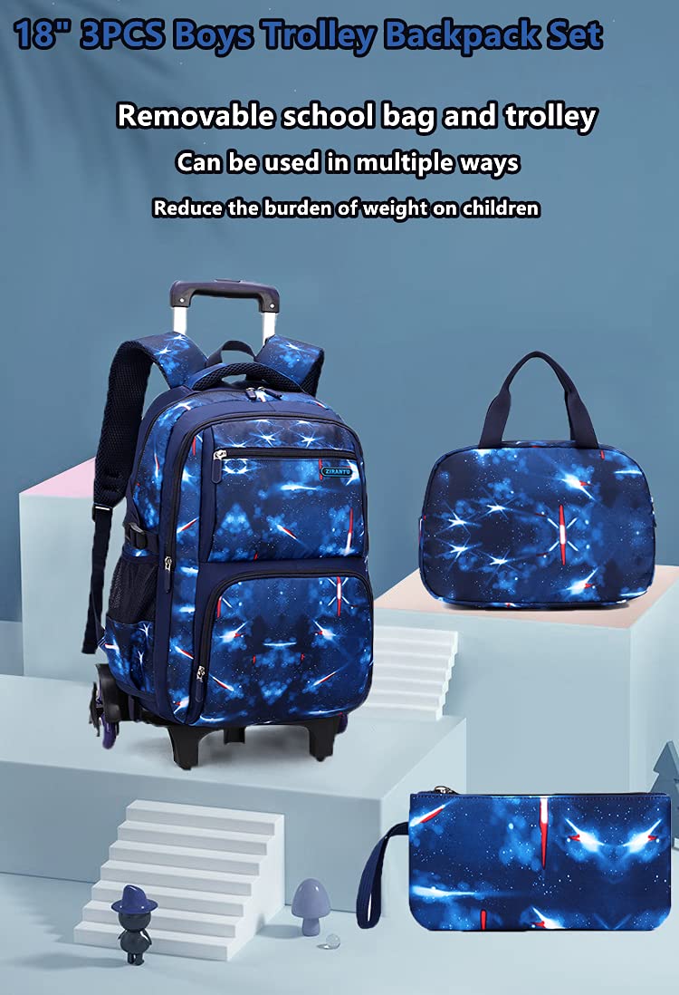 Egchescebo 18" School Kids Rolling Backpack for Boys With Wheels Trolley Wheeled Backpacks for Boys Students Travel Bags Adults Backpack With Lunch Box Pencil Bag 3PCS Blue