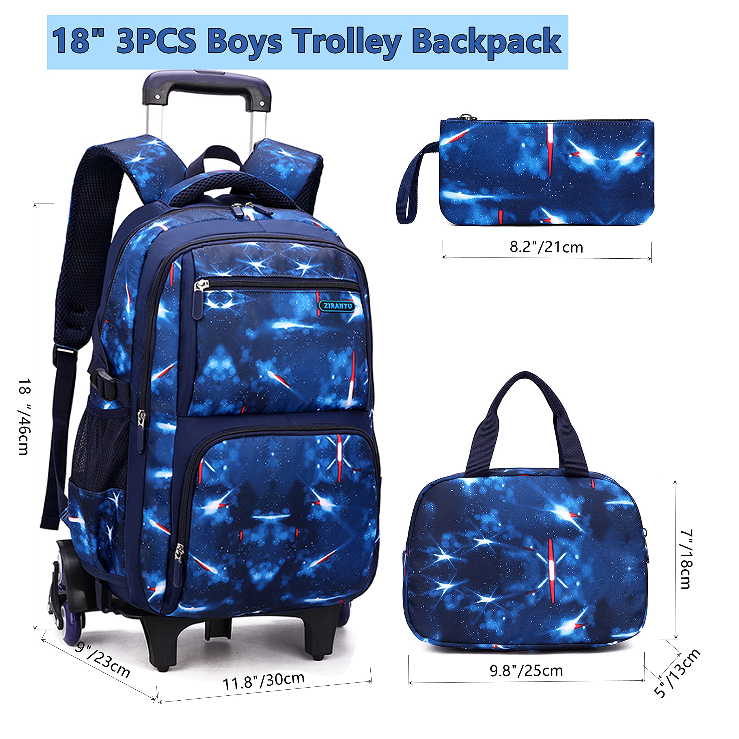 Egchescebo 18" School Kids Rolling Backpack for Boys With Wheels Trolley Wheeled Backpacks for Boys Students Travel Bags Adults Backpack With Lunch Box Pencil Bag 3PCS Blue