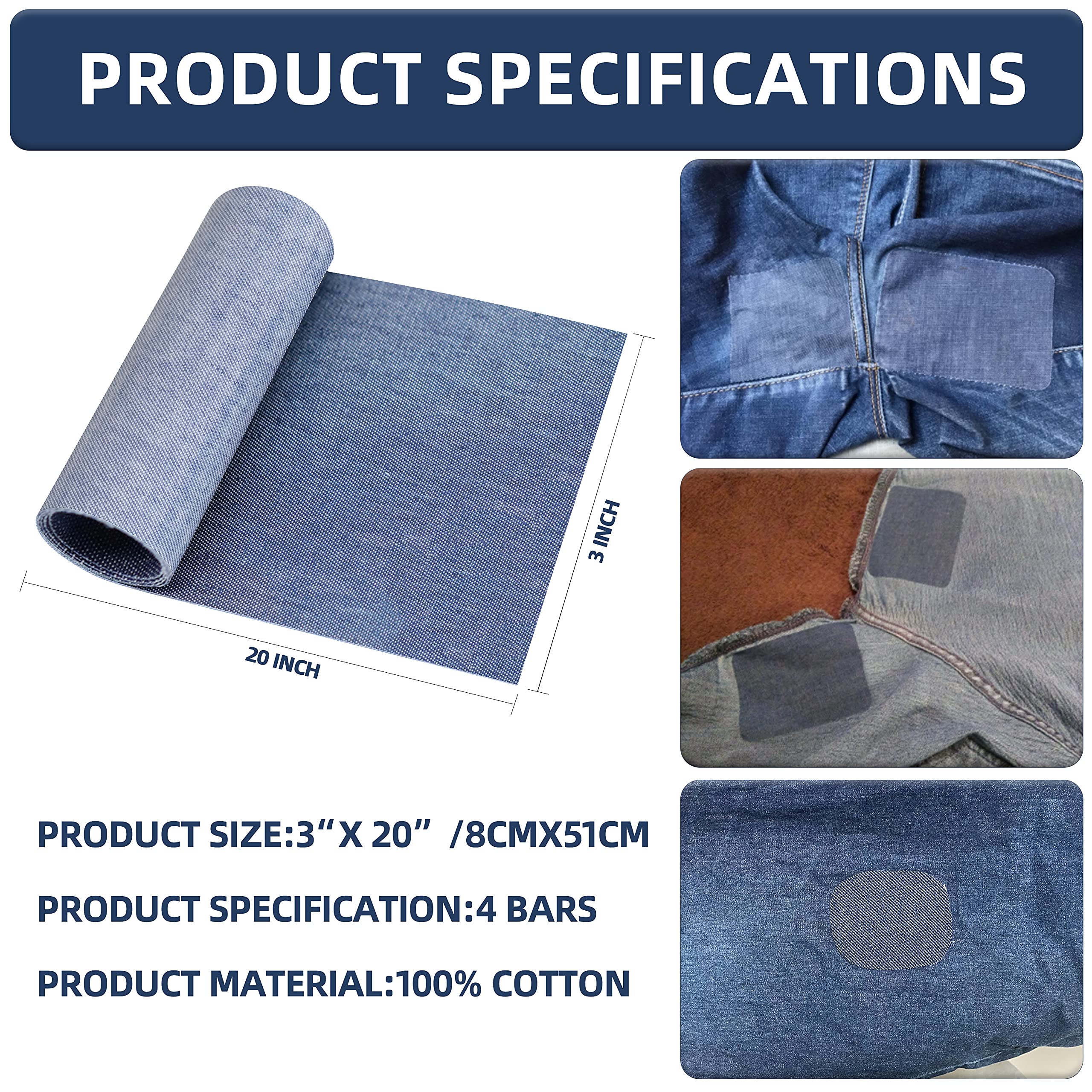 Blue Jeans Denim Patches 4 Rolls, Inside and Outside Iron On Patches, Jean Patches,Blue Denim Iron On Patches, for Jeans Clothing Hole Repairing and Decoration