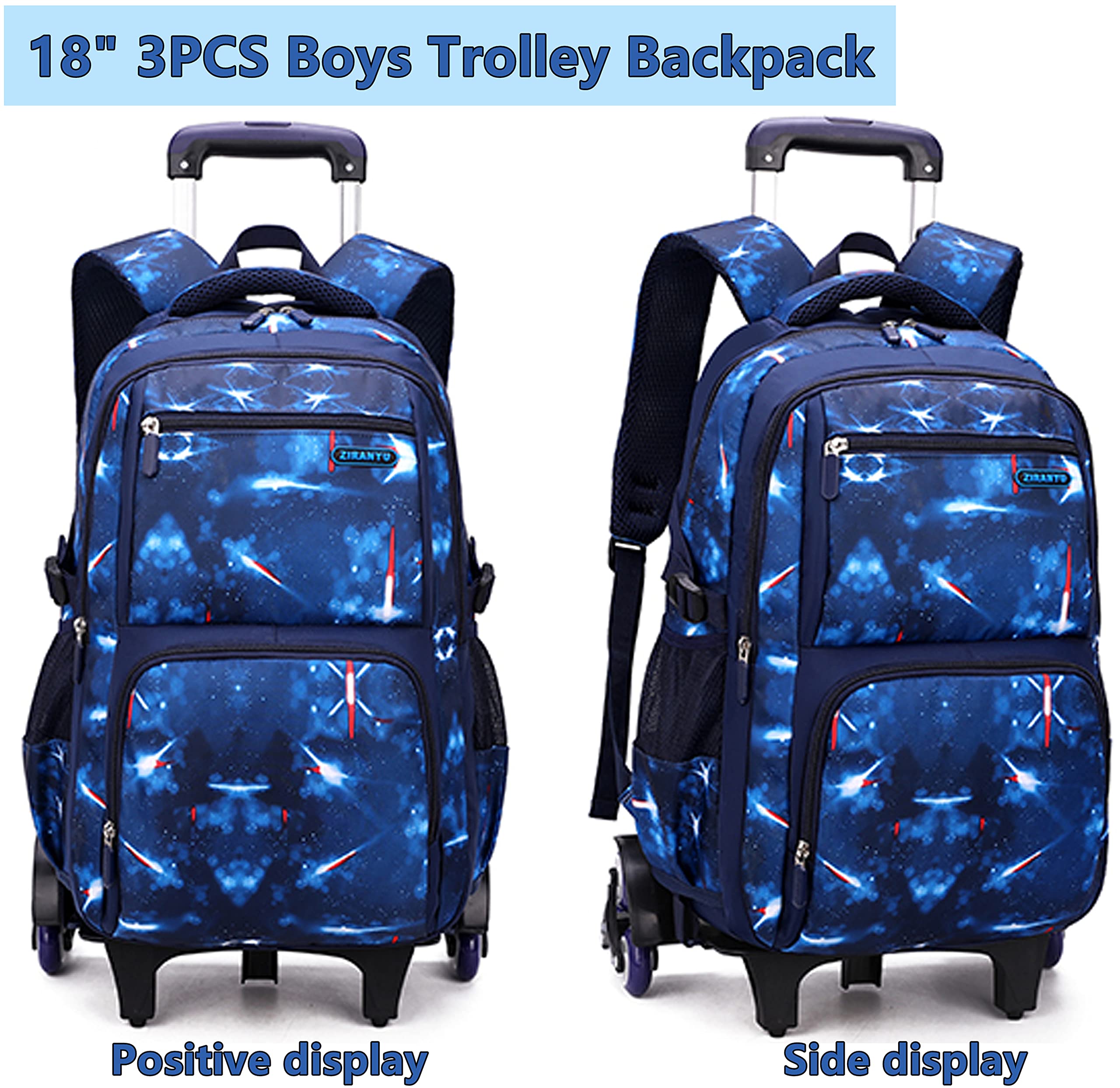 Egchescebo 18" School Kids Rolling Backpack for Boys With Wheels Trolley Wheeled Backpacks for Boys Students Travel Bags Adults Backpack With Lunch Box Pencil Bag 3PCS Blue