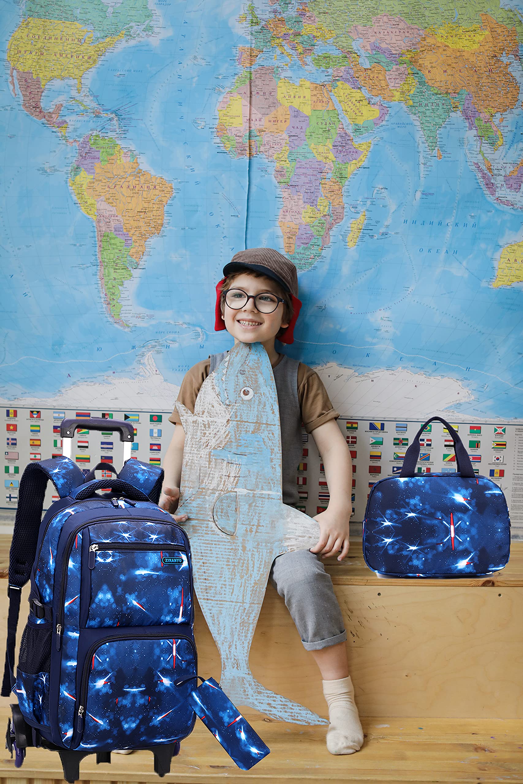 Egchescebo 18" School Kids Rolling Backpack for Boys With Wheels Trolley Wheeled Backpacks for Boys Students Travel Bags Adults Backpack With Lunch Box Pencil Bag 3PCS Blue
