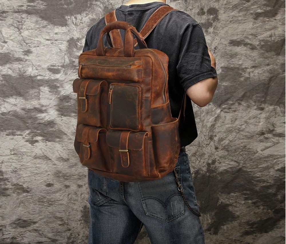 jaald 22" Genuine Leather laptop backpack rucksack multipocket computer bag for men