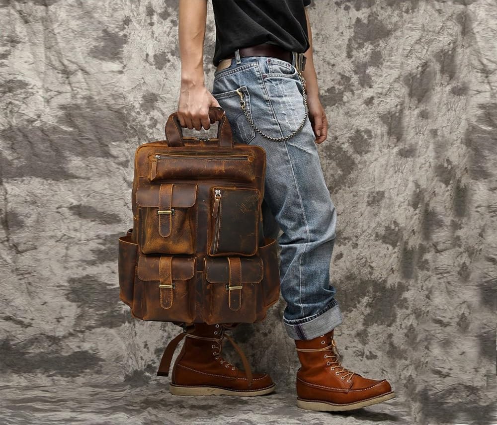 jaald 22" Genuine Leather laptop backpack rucksack multipocket computer bag for men
