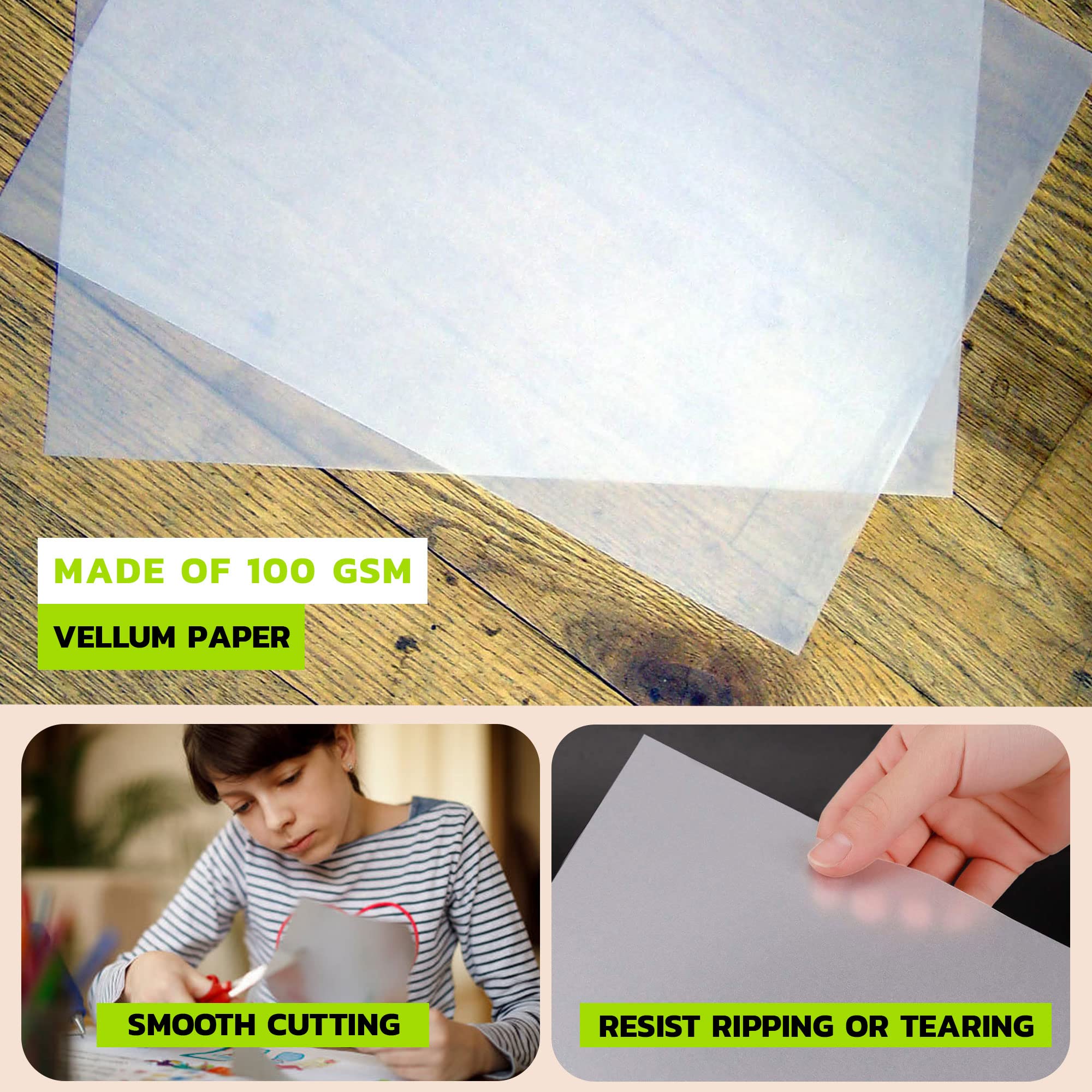 Vellum Paper 8.5 x 11 Translucent Printable - Pack of 50 - Tracing Paper for Drawing 100 GSM Printable Vellum Paper for Invitations - Transparent Paper for Envelopes, Sketching, Wedding Cards