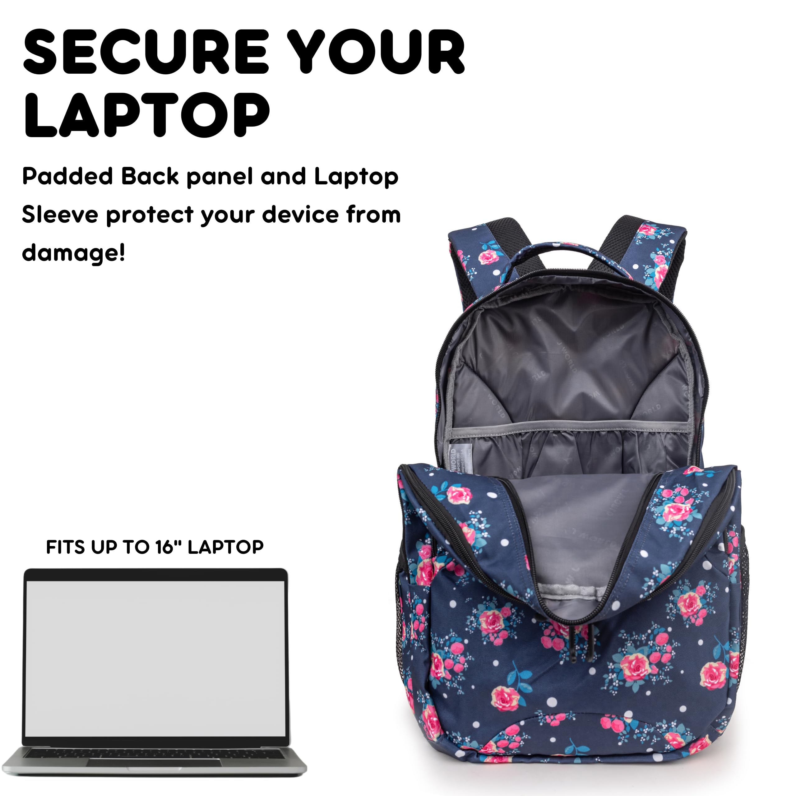 J World New York Cornelia Laptop Backpack School Bookbag, Navy Rose, 18 X 12.5 X 8 (H X W X D)