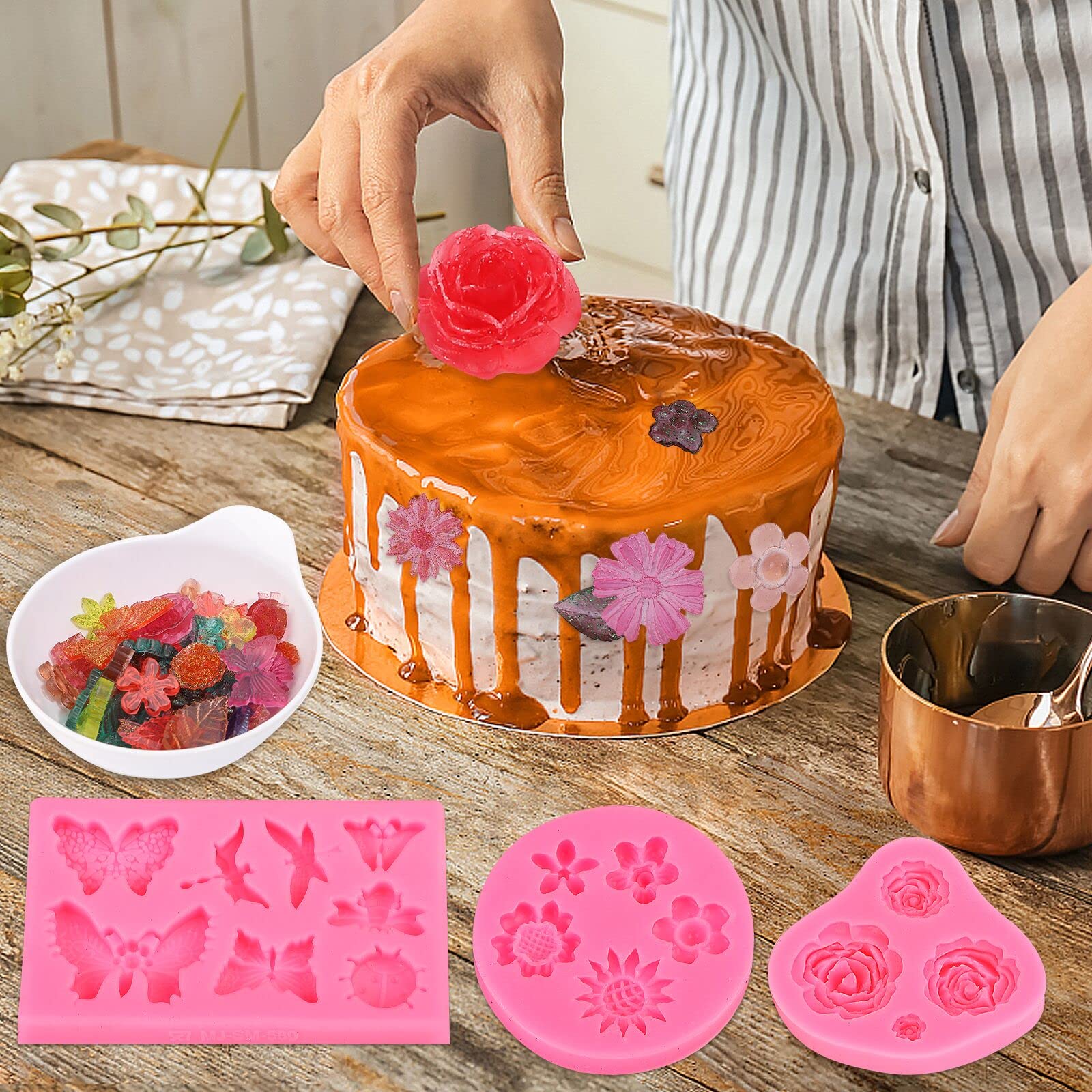 KULENAND 8 Pcs Flower Fondant Cake Mold Set - Rose Butterfly Daisy Rose Leaf and Mini Flowers Candy Silicone Molds for Chocolate Fondant Polymer Clay Soap Crafting Projects Cake Decoration