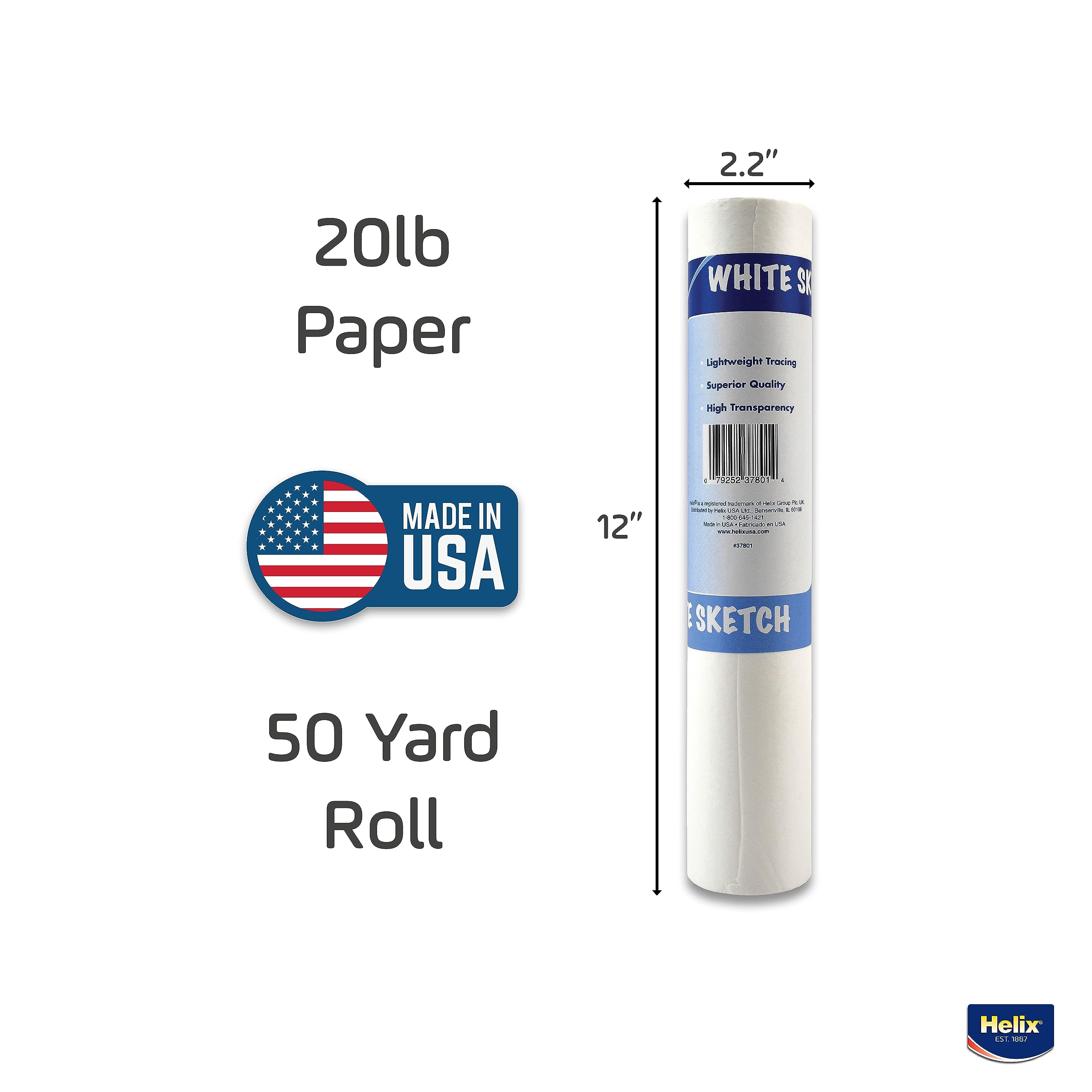 Helix Tracing & Sketching Paper Roll, White, High Transparency, 12 Inches x 50 Yards (37801)
