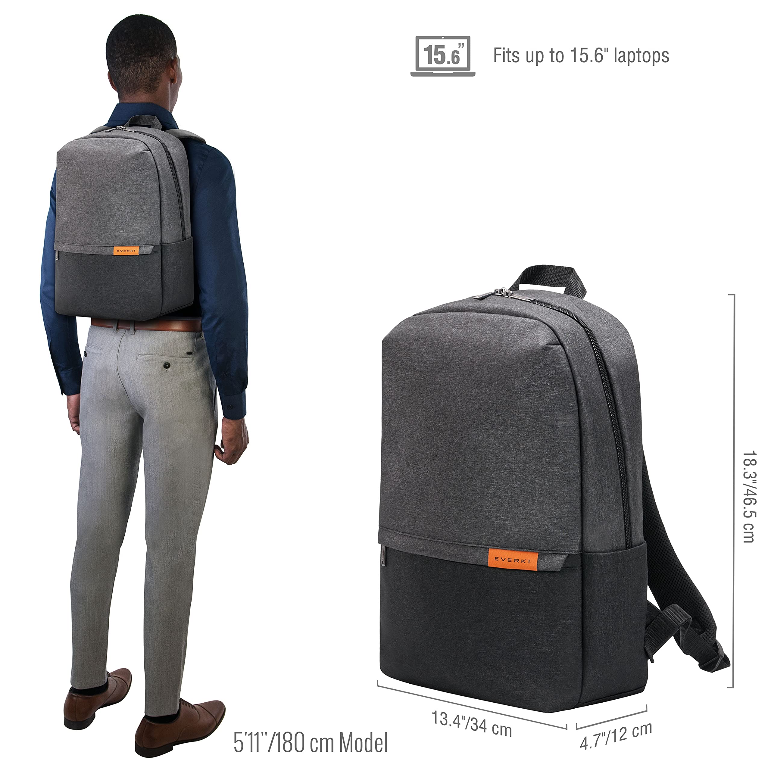 Everki 106 Light Compact 15.6-Inch Laptop Backpack with Hidden Pocket, Commute, College, School, Men or Women (EKP106) Charcoal