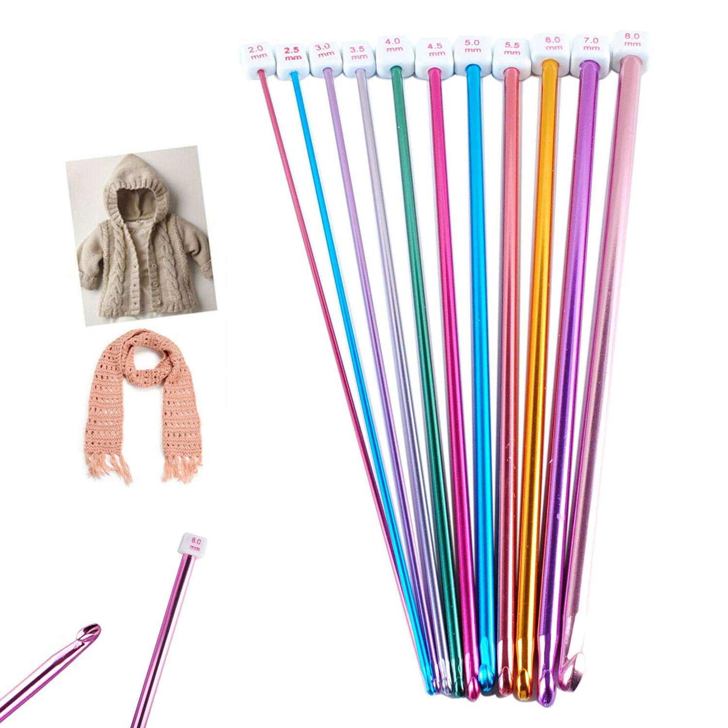 Long Tunisian Afghan Crochet Hooks Set 11 Packs 10.6" Colorful Aluminum Knitting Needles(2mm to 8mm) by Wadoy