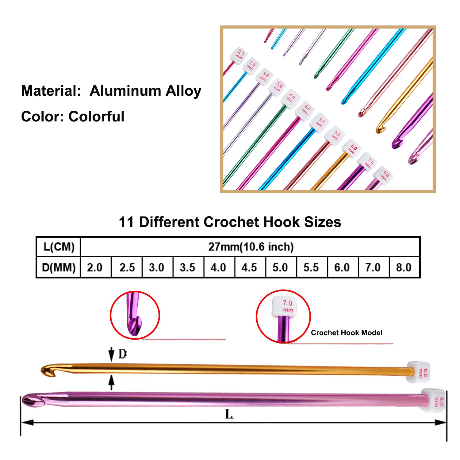 Long Tunisian Afghan Crochet Hooks Set 11 Packs 10.6" Colorful Aluminum Knitting Needles(2mm to 8mm) by Wadoy