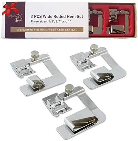 Madam Sew Rolled Hem Presser Foot Set – 3 Piece Wide Hemmer Foot Kit Includes 1/2”, 3/4" and 1” Presser Feet – Compatible with Singer, Brother, Babylock, Euro-Pro, Janome and More