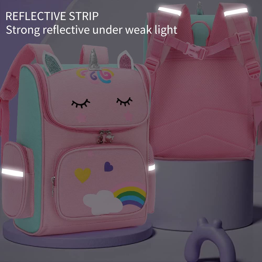 15 inch Cute Unicorn School Backpack for Girls, Lightweight Kids School Bag BookBags Elementary Primary with Chest Straps (Pink)