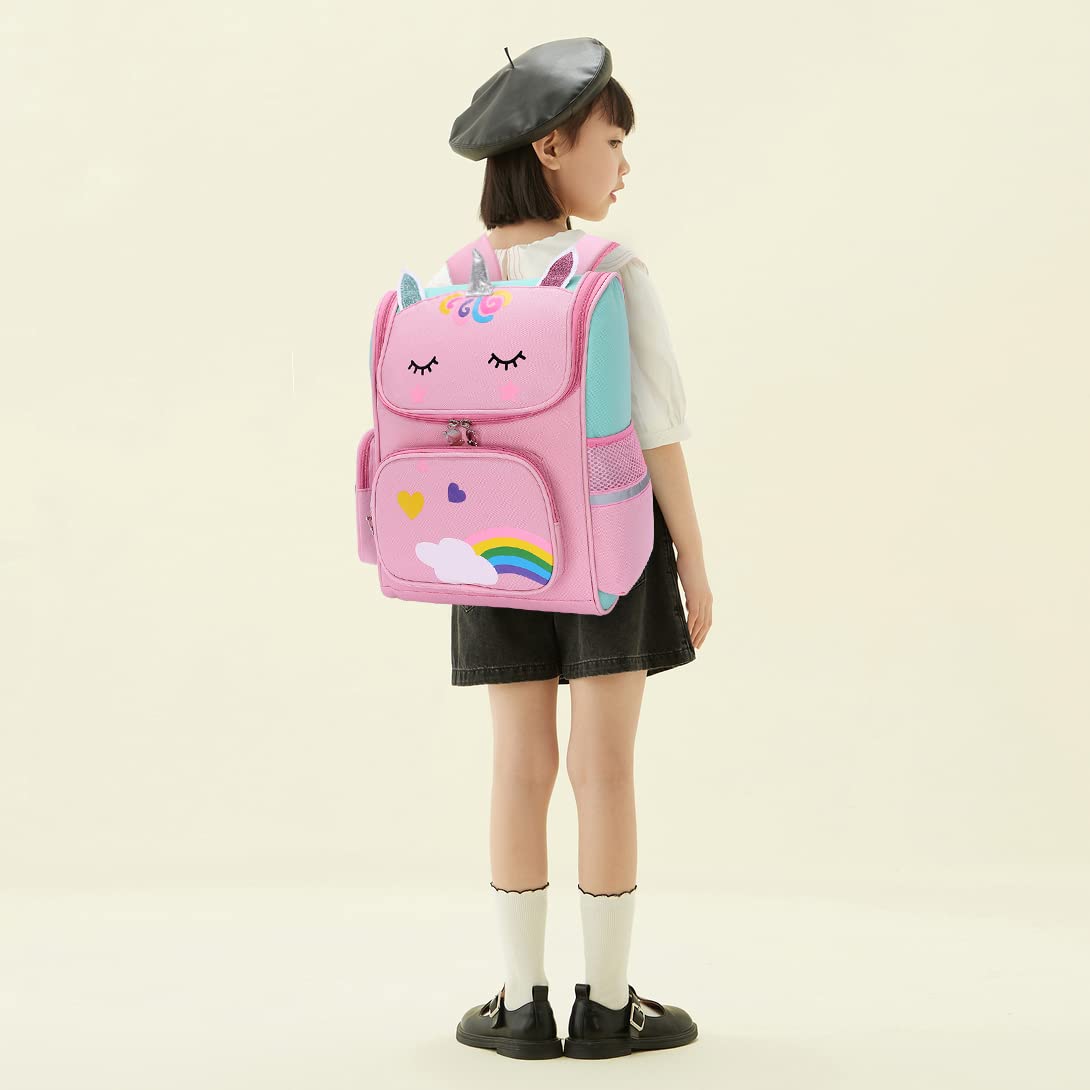 15 inch Cute Unicorn School Backpack for Girls, Lightweight Kids School Bag BookBags Elementary Primary with Chest Straps (Pink)