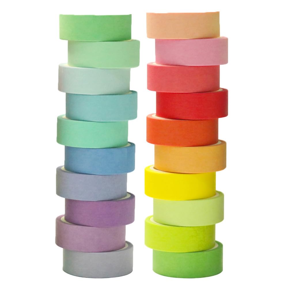 20 Rolls Washi Tape Set, Rainbow Washi Tape Colorful Masking Tape 15mm Wide, Decorative Tape for Bullet Journal, Book, Planner, Scrapbooking, DIY Arts Crafts, Gift Packaging