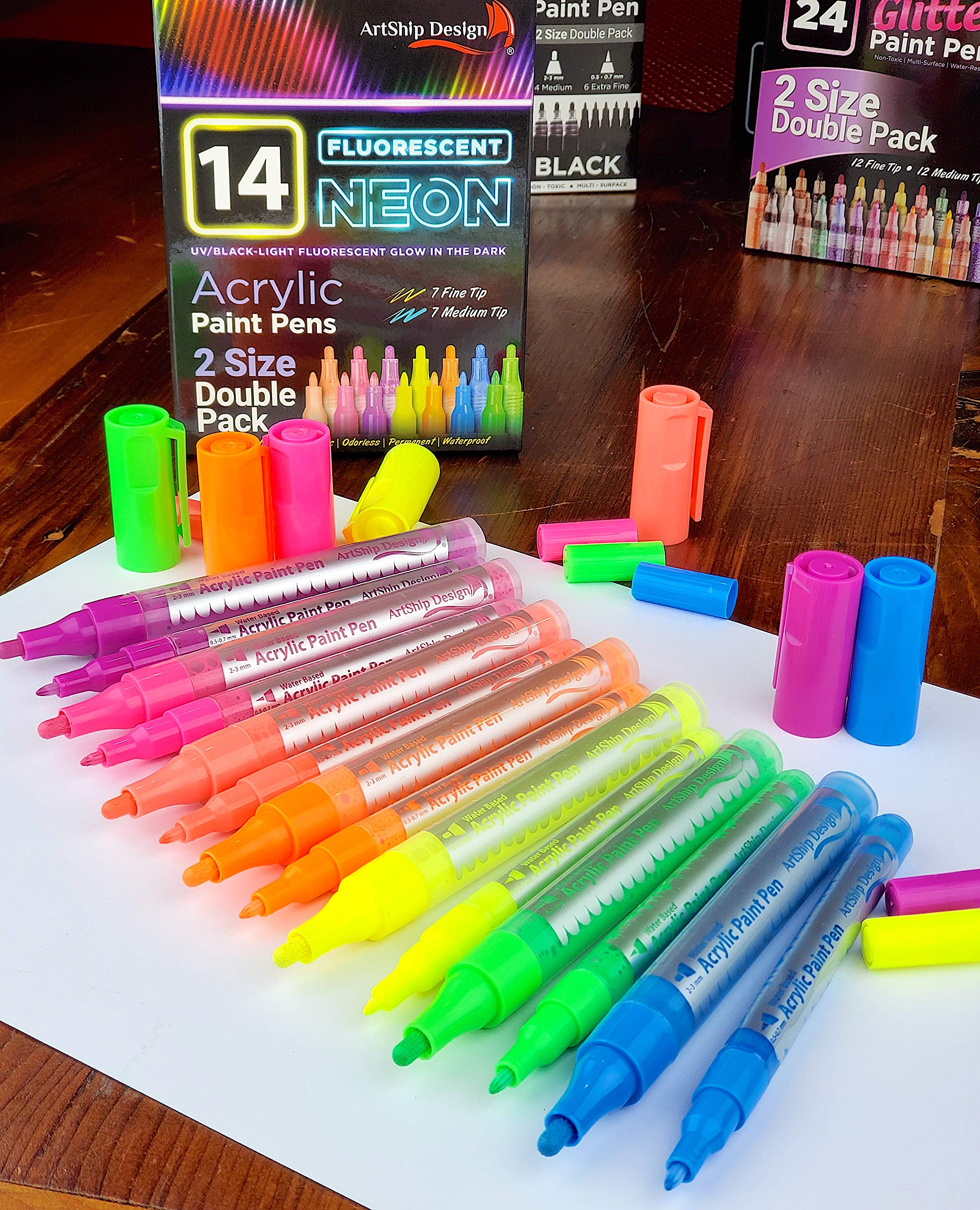 14 Pack Neon UV Fluorescent Acrylic Paint Pens, Double Pack of Both Extra Fine and Medium Tip Paint Markers, for Rock Painting, Mug, Ceramic, Glass, and More, Water Based Non-Toxic and No Odor