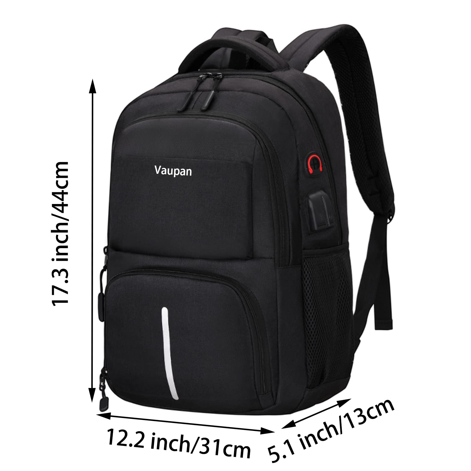 Vaupan Travel Backpack, Black Laptop Backpack with USB Charging Headphone Port for Men Womens Boys Girls, Anti Theft Water Resistant College School Bookbag Computer Backpack Fits 15.6 Inch Notebook