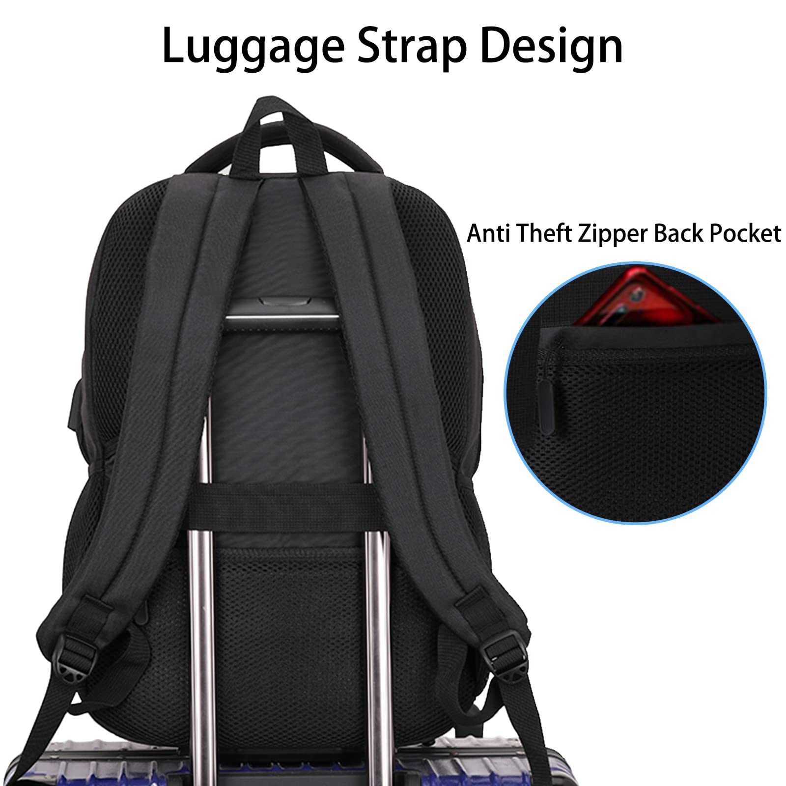Vaupan Travel Backpack, Black Laptop Backpack with USB Charging Headphone Port for Men Womens Boys Girls, Anti Theft Water Resistant College School Bookbag Computer Backpack Fits 15.6 Inch Notebook